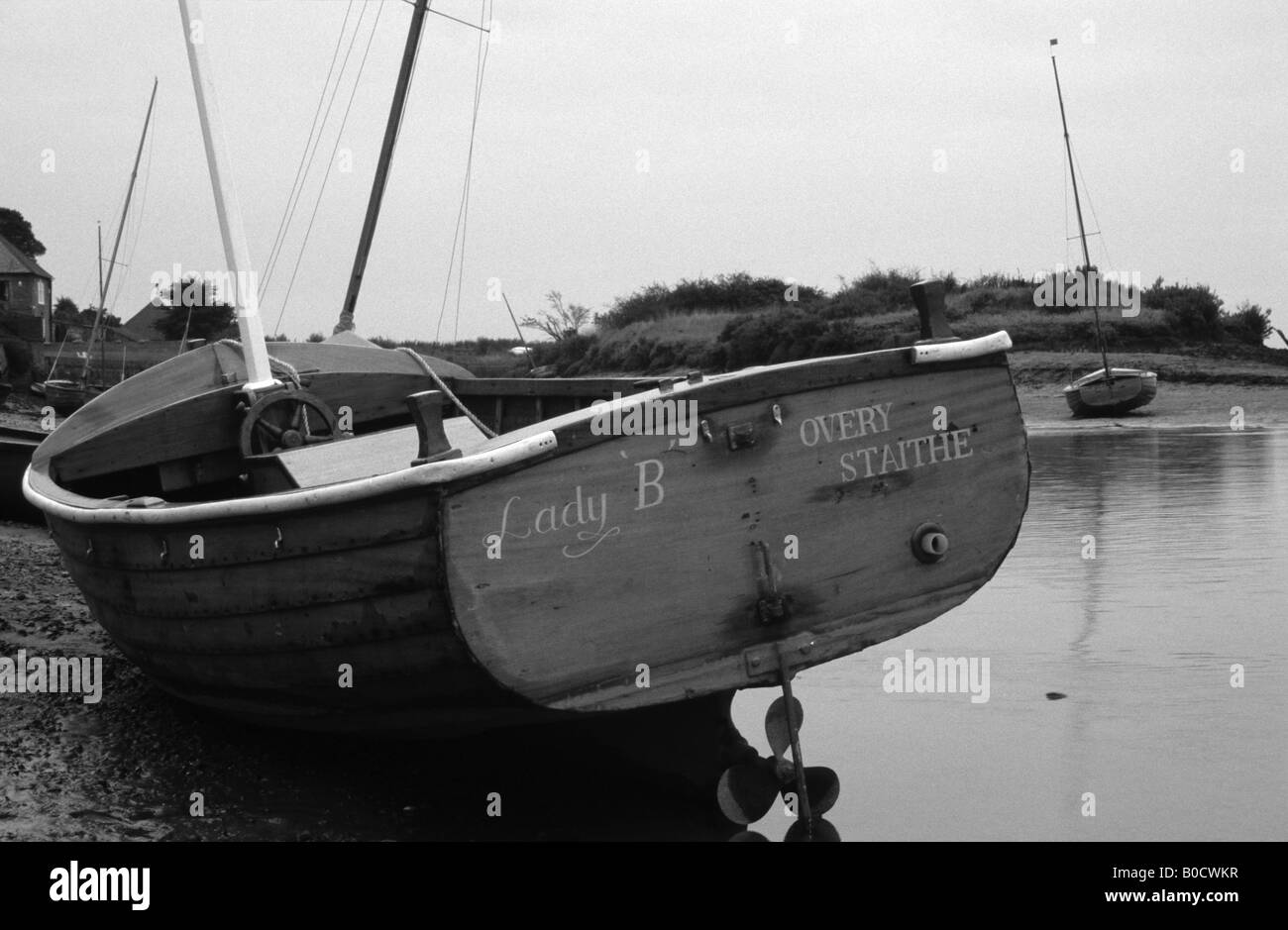 Boats at Burnham Overy Staithe North Norfolk in Black and White Stock ...