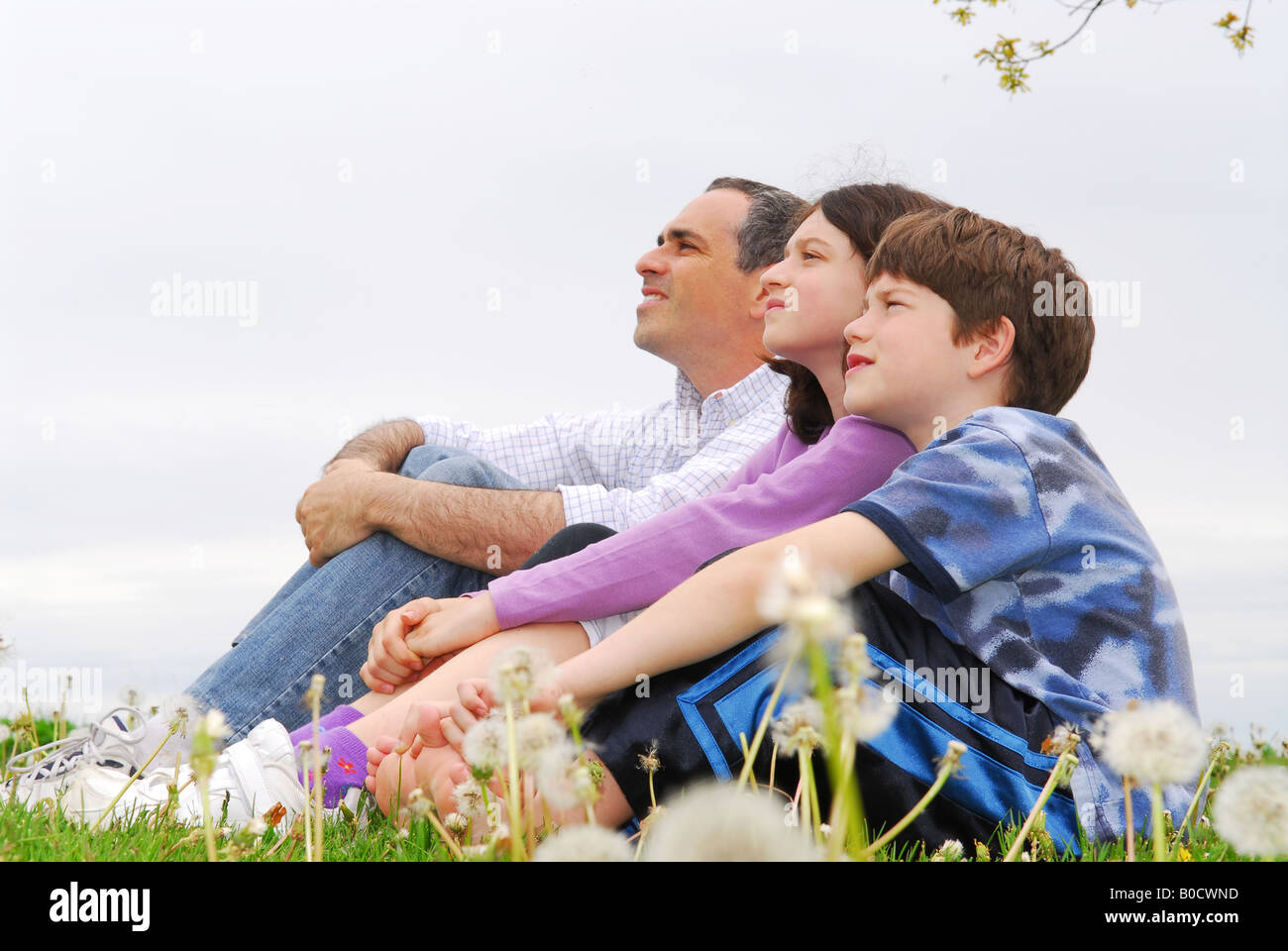 Portrait of a family father and children outside on green grass Stock ...