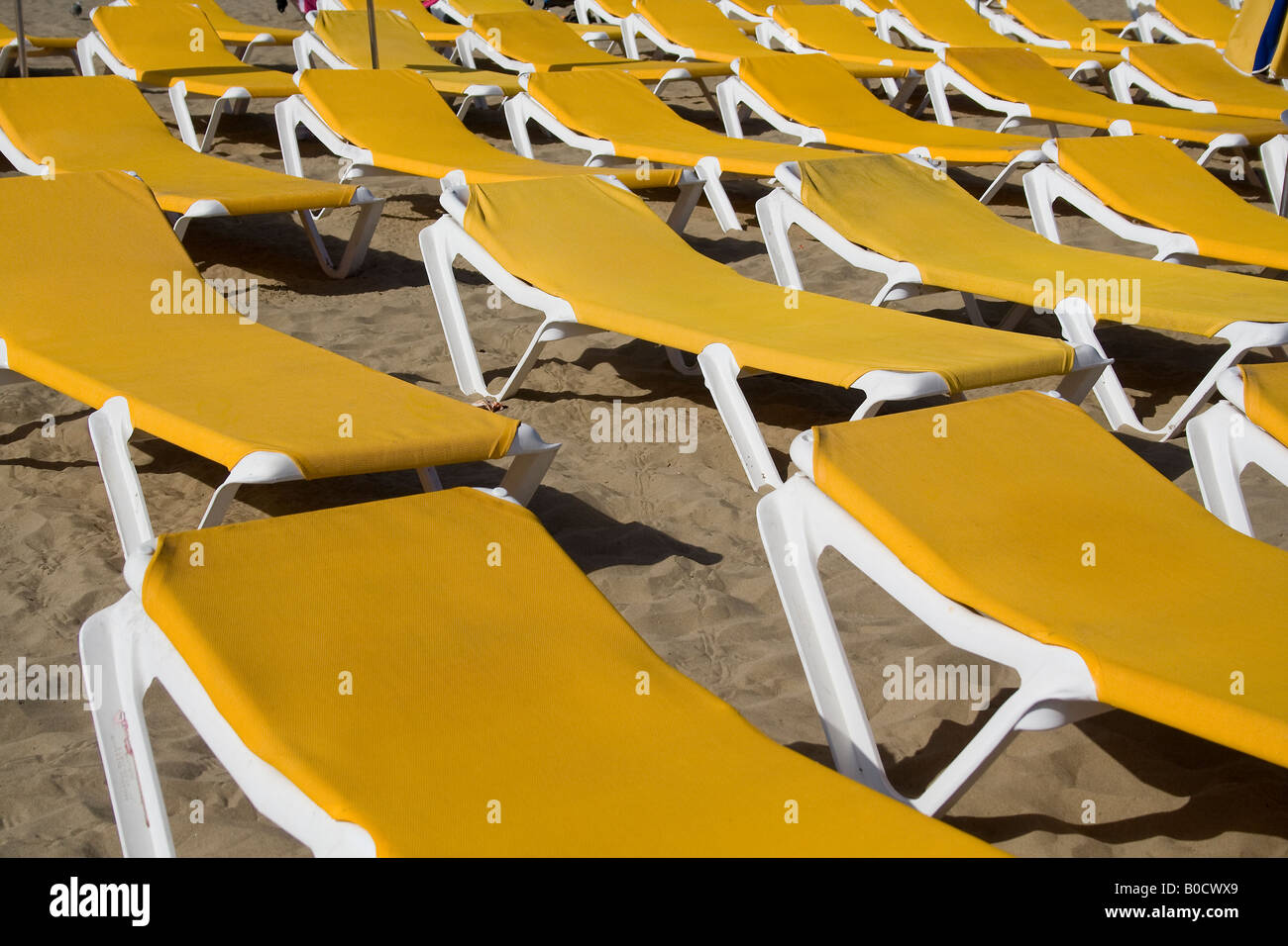 Yellow sunbeds on beach Stock Photo - Alamy