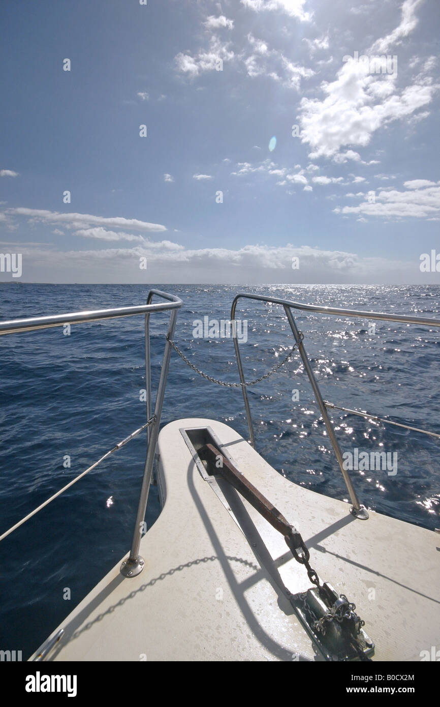 The front of a boat in the Mediterranean with the ocean in front of it ...