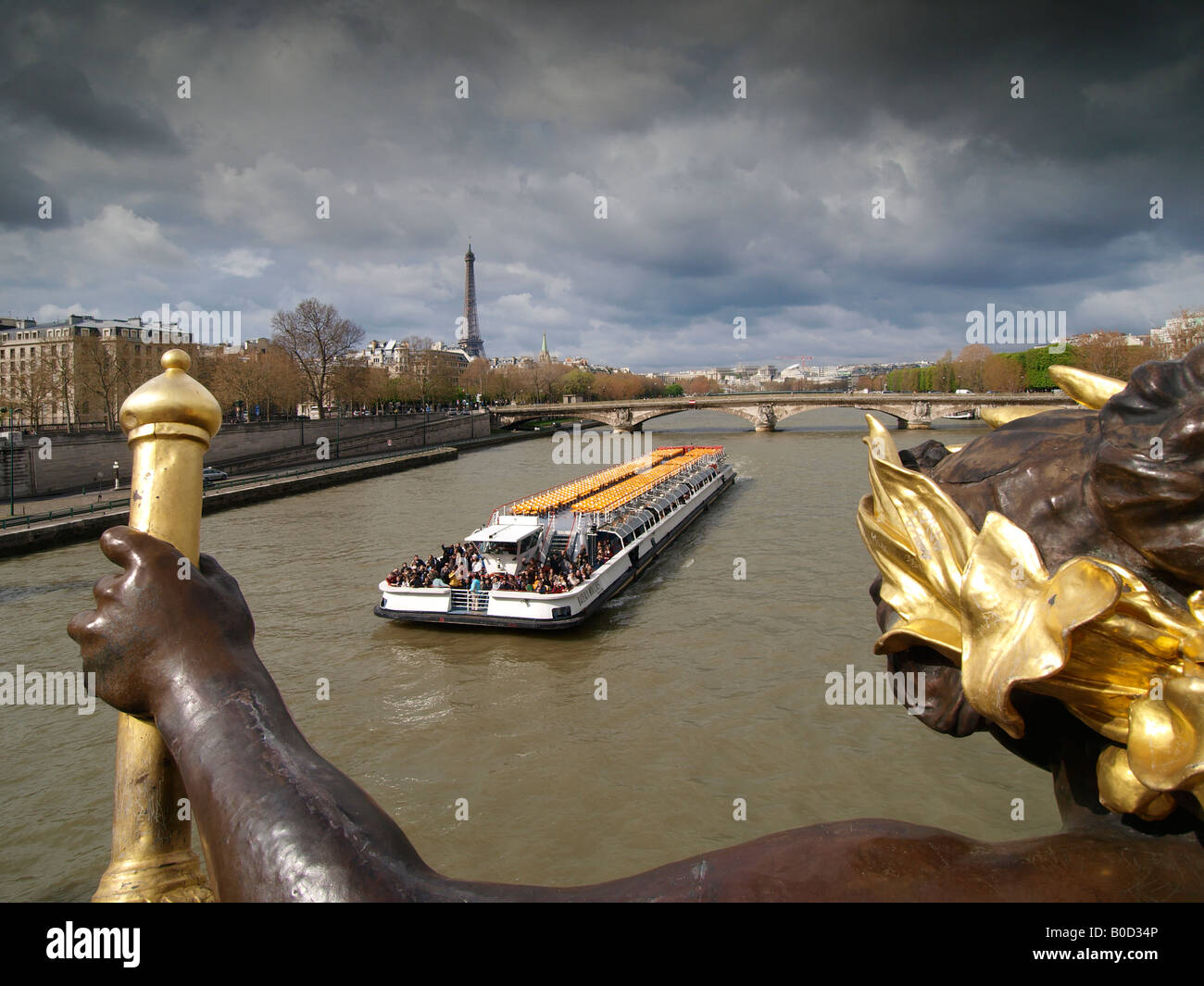 Panoramic view of Paris from the Pont de l Alma bridge with Seine river ...