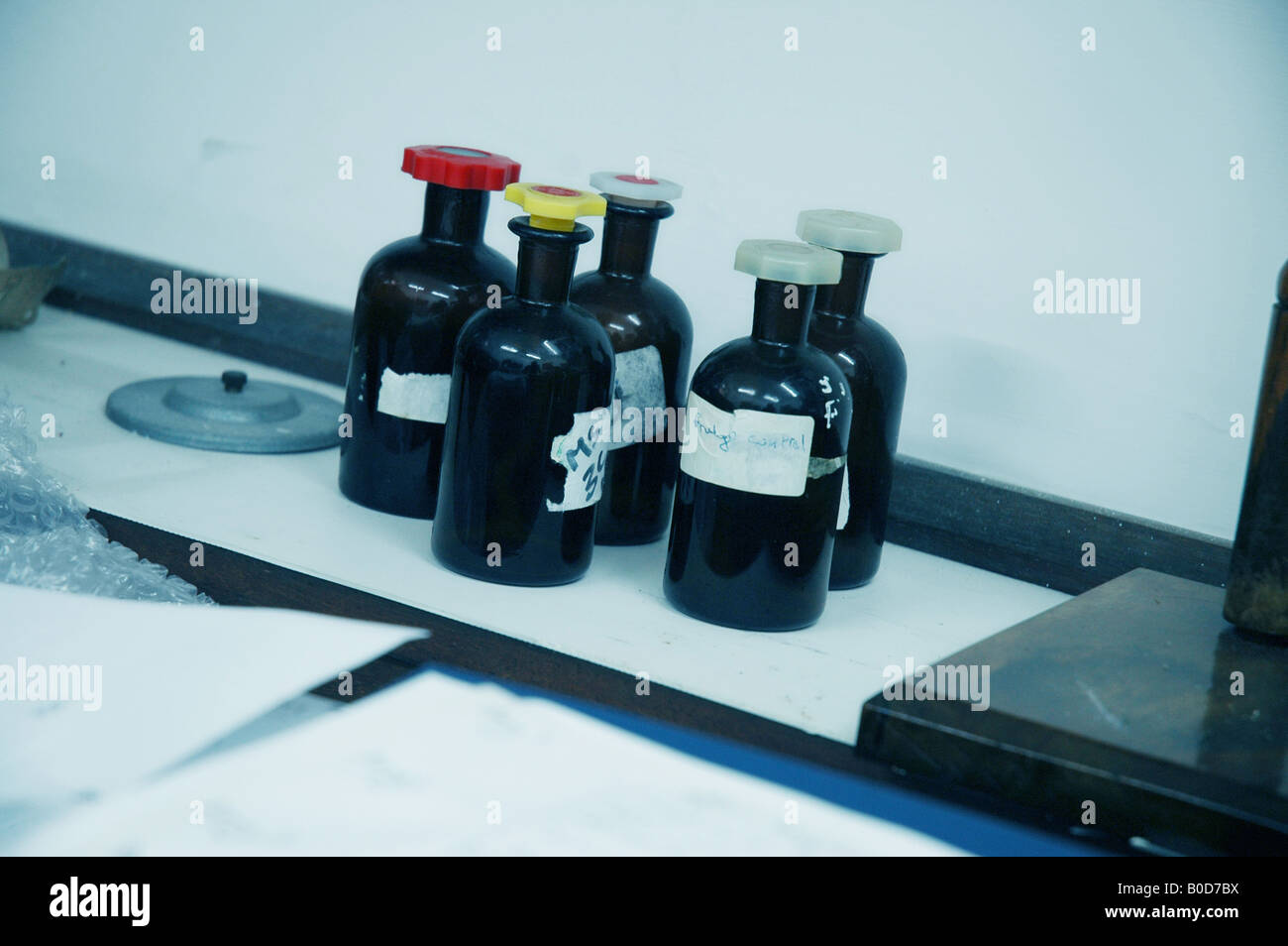 A shot of a group of chemical jars and containers in a laboratory Stock ...