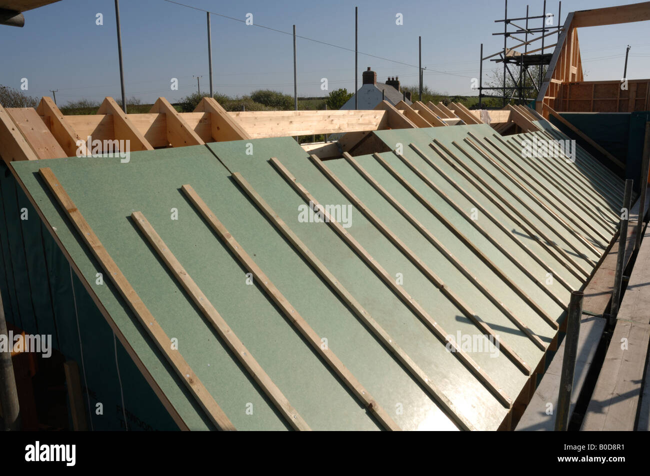 Roof of timber frame house construction Marloes Haverfordwest Wales UK ...