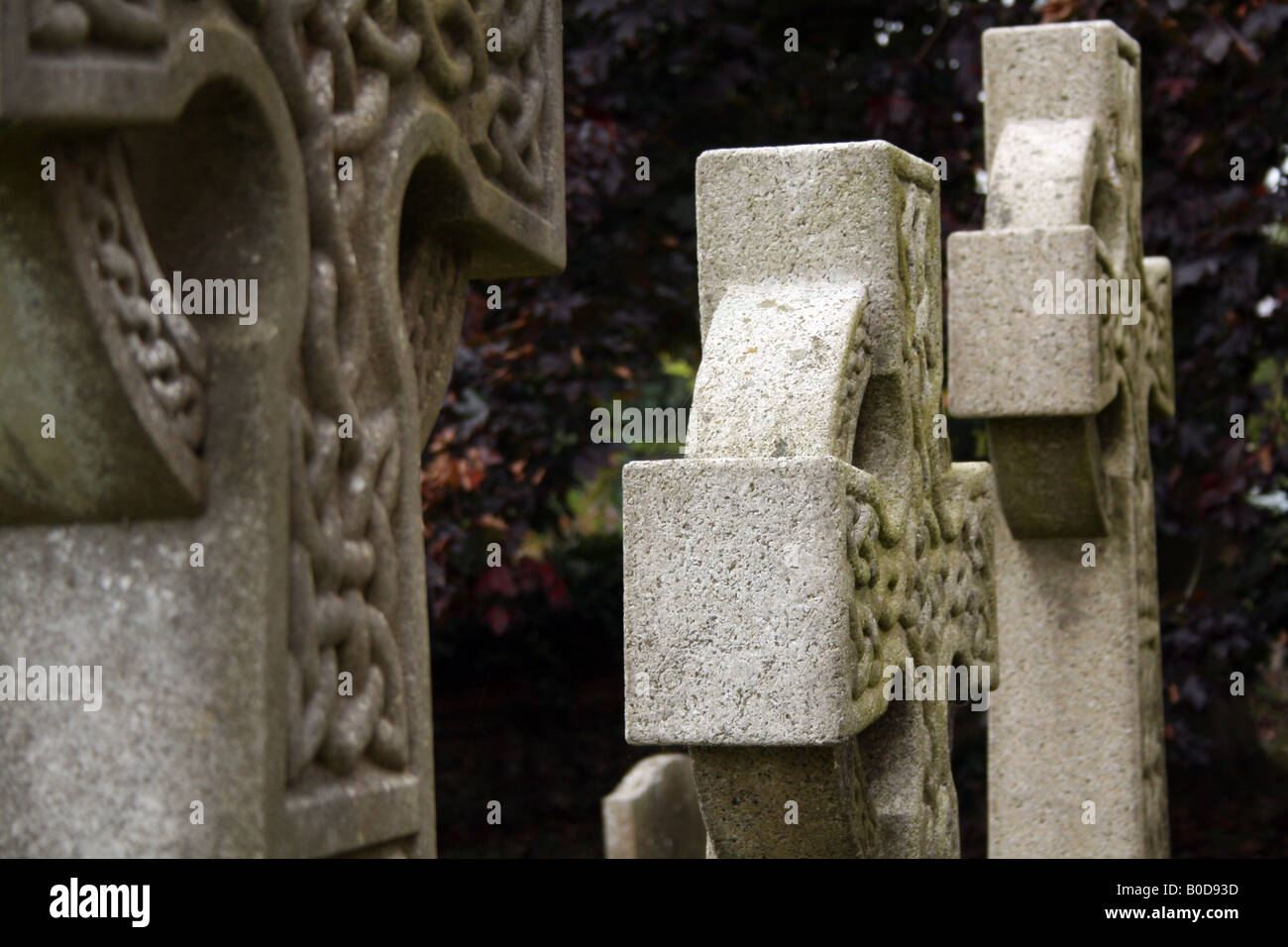 A row of three engraved crosses in a cemetary Stock Photo - Alamy