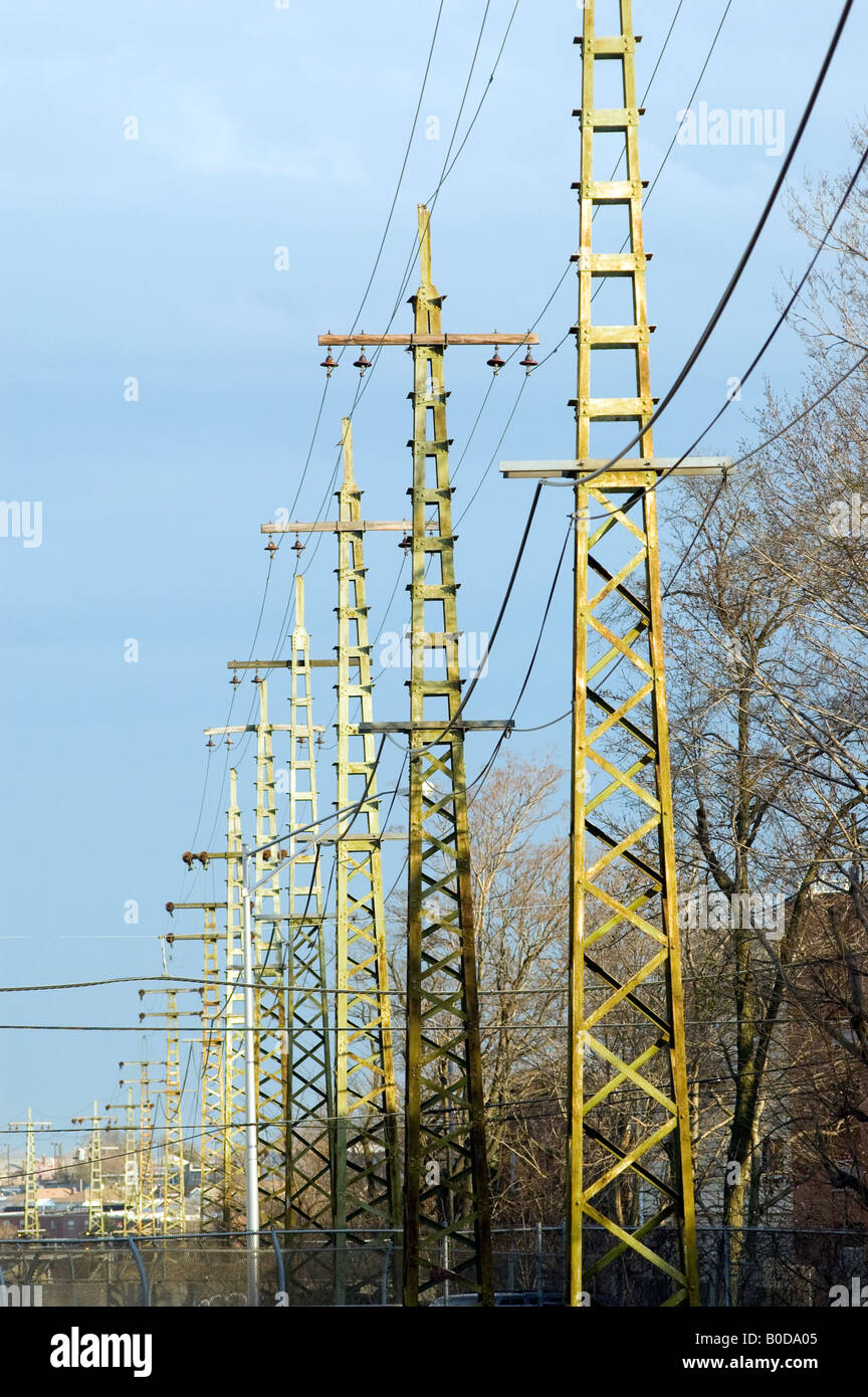 A forest of electrical transmission lines along the right of way of the ...