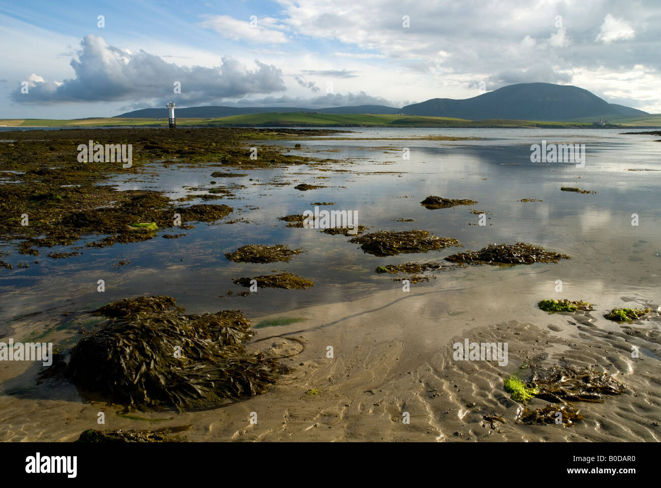 The hills of Hoy over Hoy Sound, from the Ness, near Stromness, Orkney Islands, Scotland, UK ...