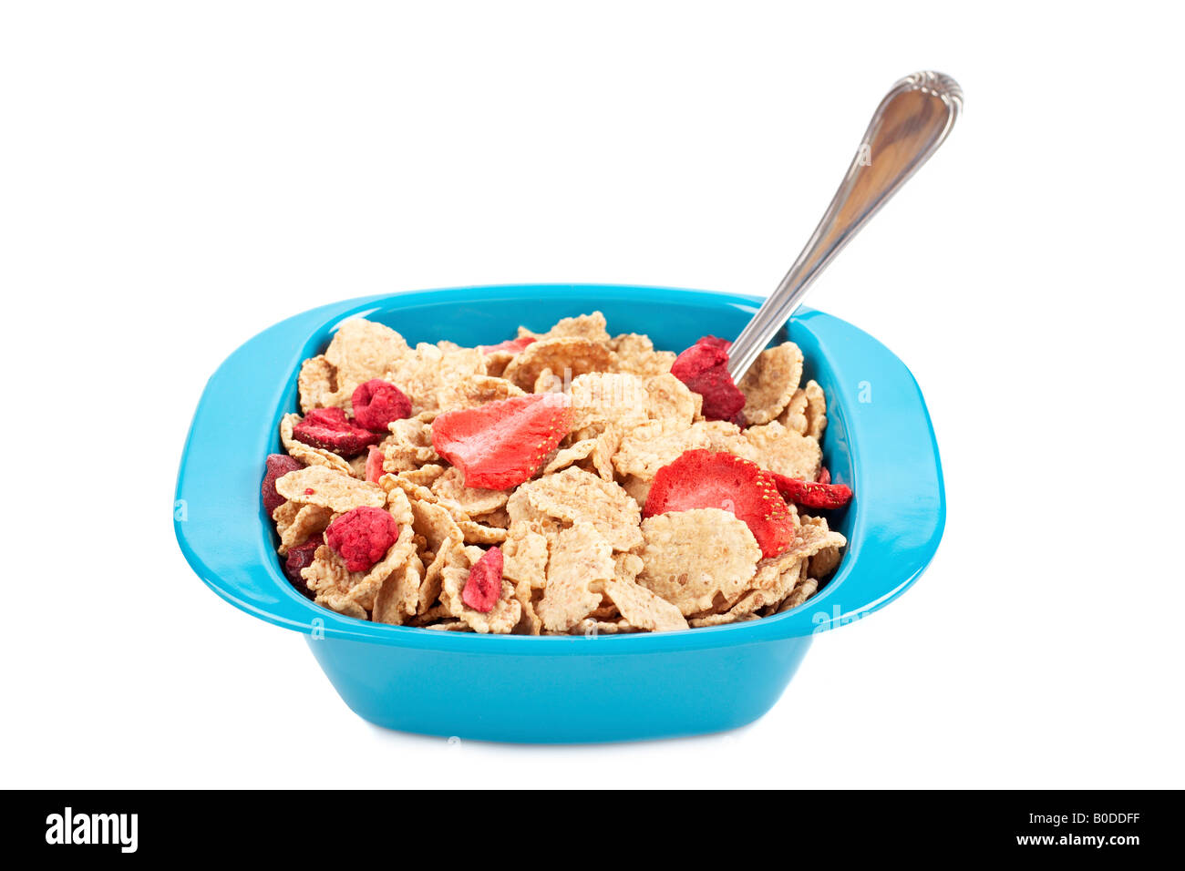 A bowl of cornflakes with fruits isolated on white background Shallow ...