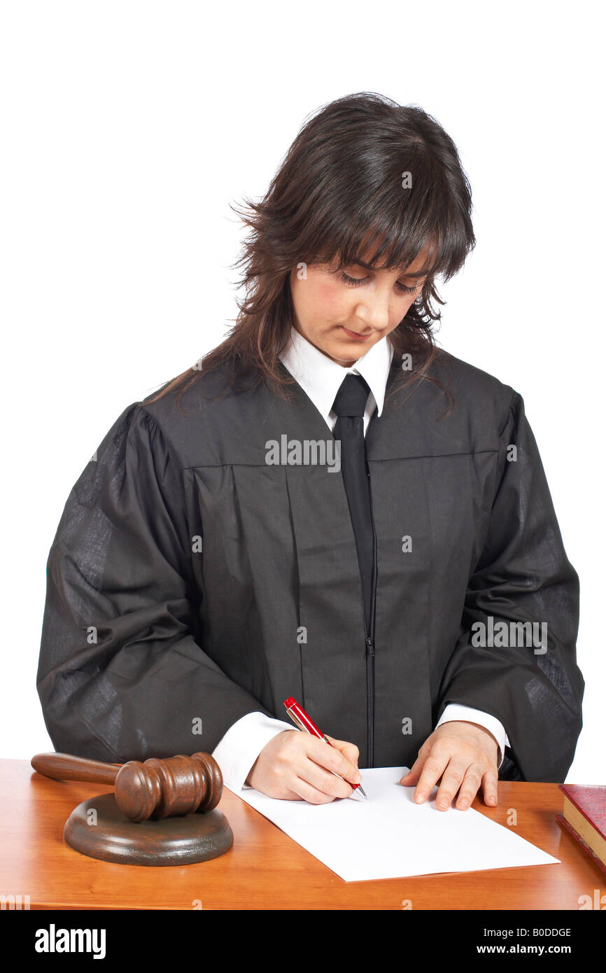 A female judge sign to blank court order over a white background ...