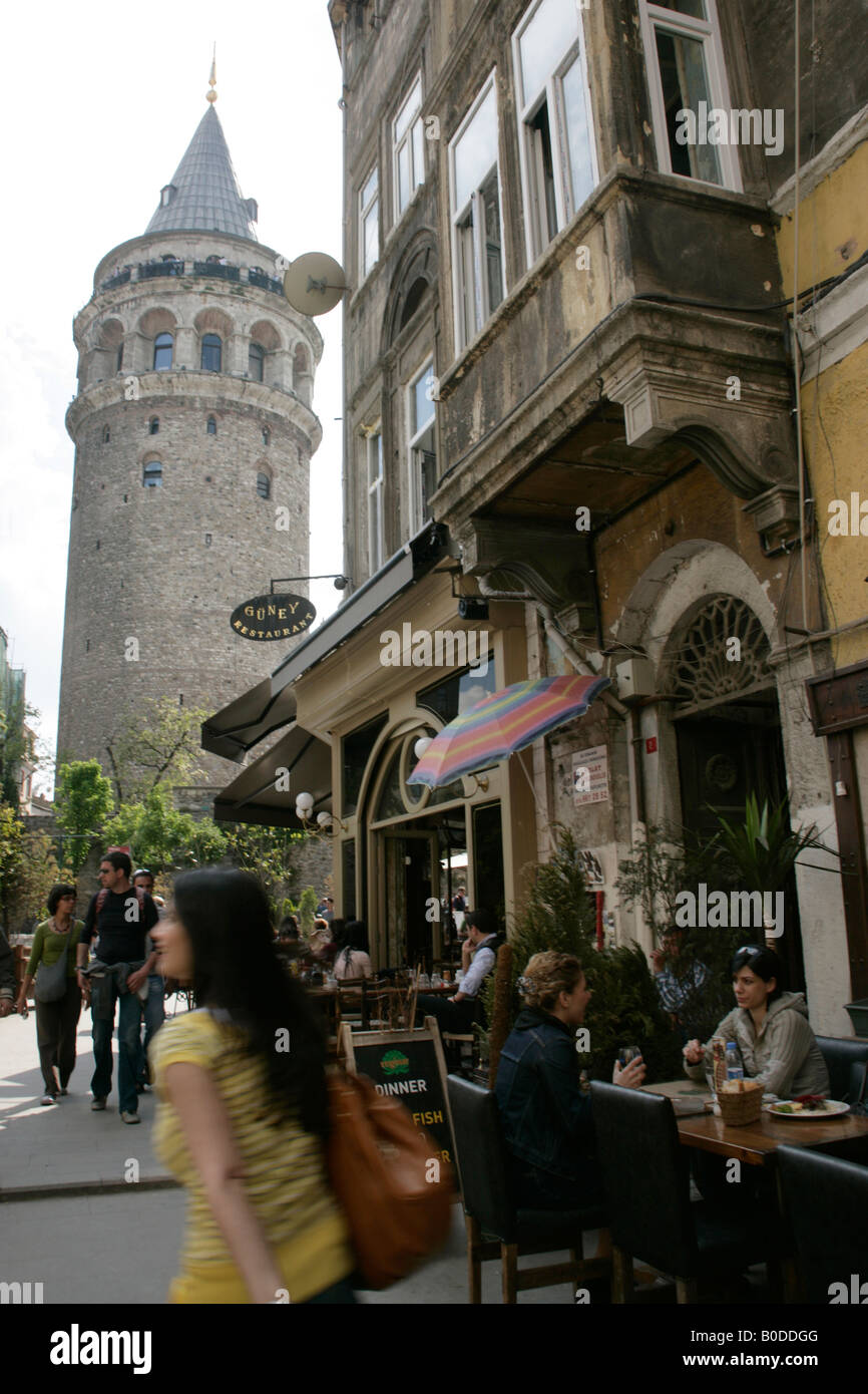 Galata Square with the Galata Tower and tourists, Istanbul, Turkey ...