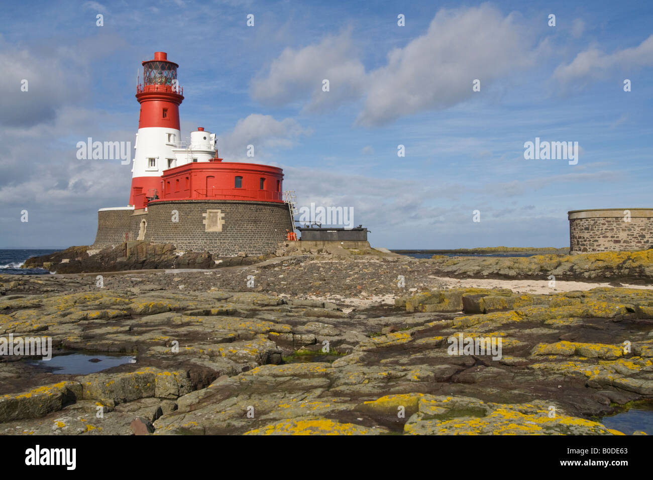 Longstone lighthouse, Farne Islands, against blue sky with foreground ...