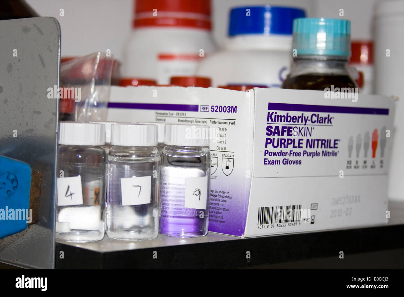 Chemicals and Jars in chemistry laboratory Stock Photo - Alamy