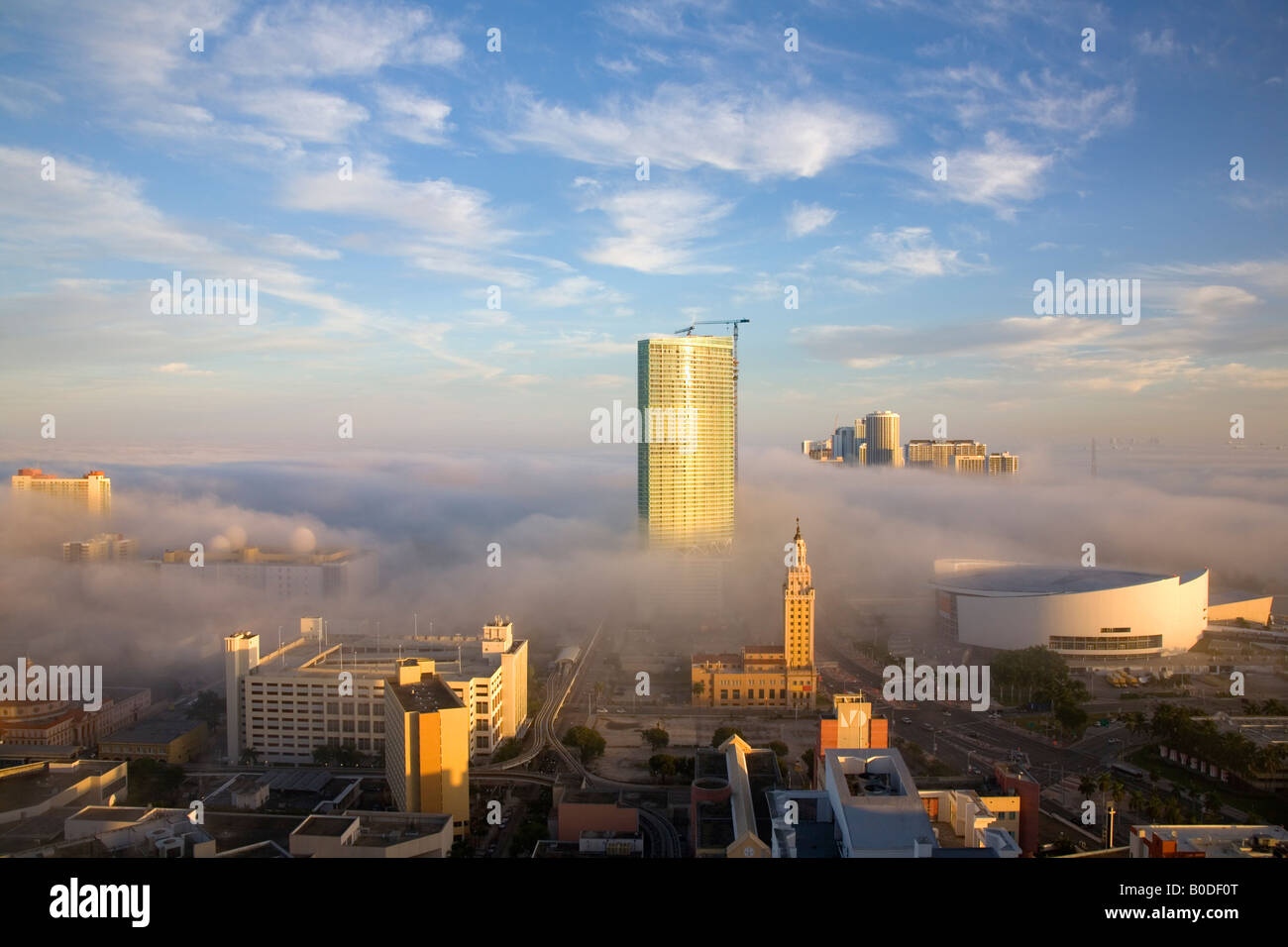 Aerial view of a foggy downtown Miami without a horizon, the sky is ...