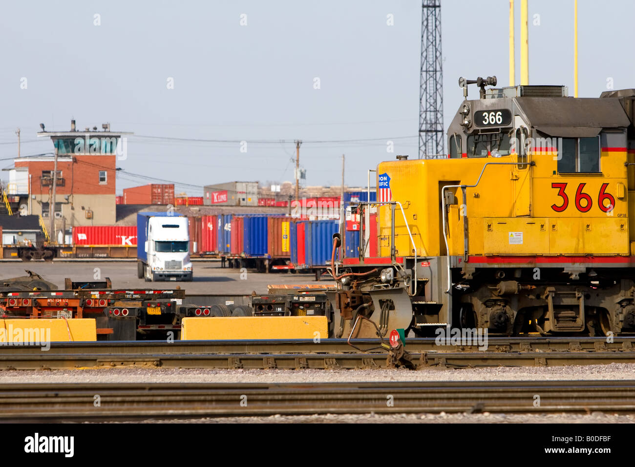 A Union Pacific locomotive idles in an intermodal terminal in Chicago ...