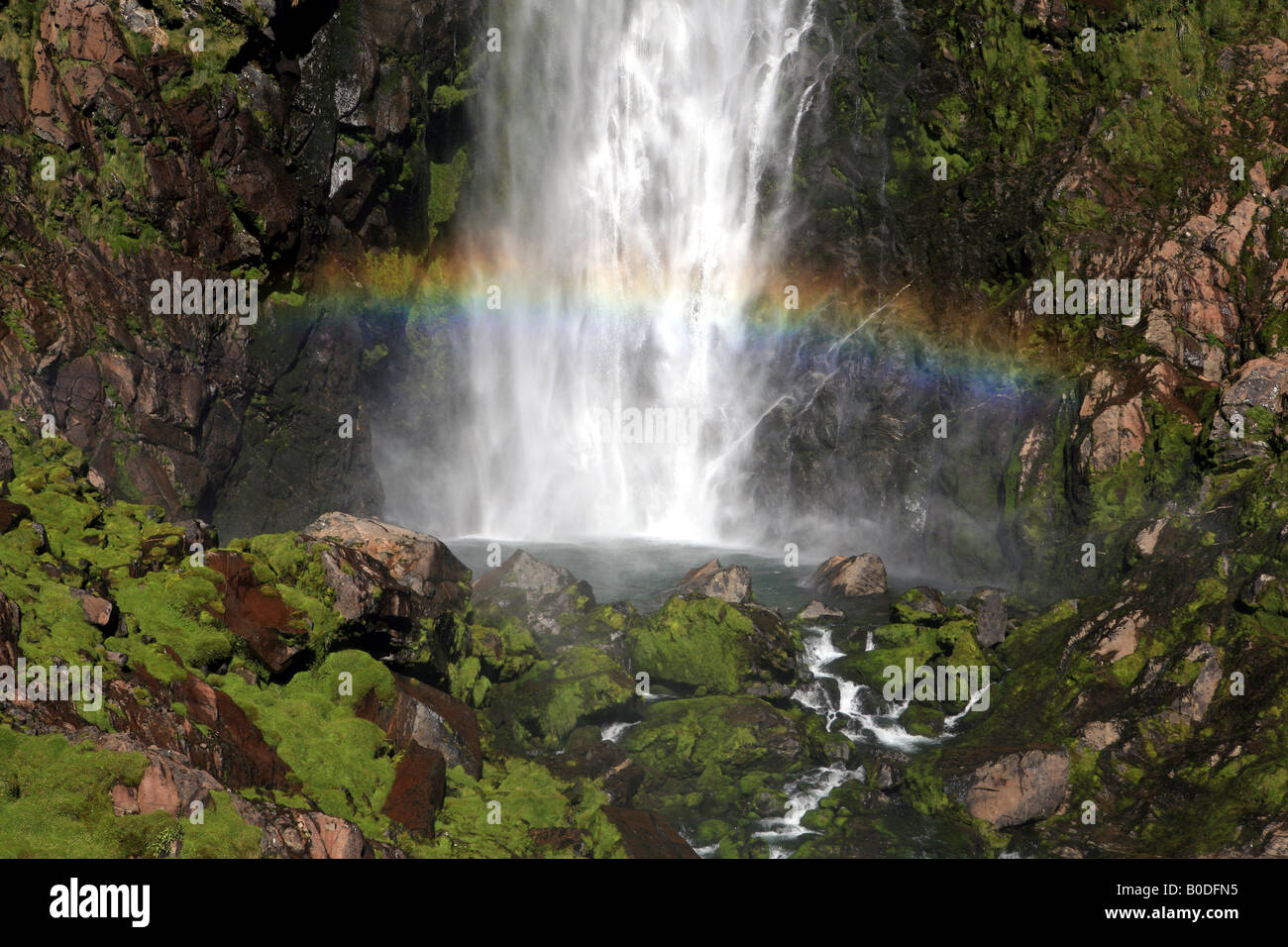 Sutherland Falls / rainbow in spray Fiordland National Park Southland ...