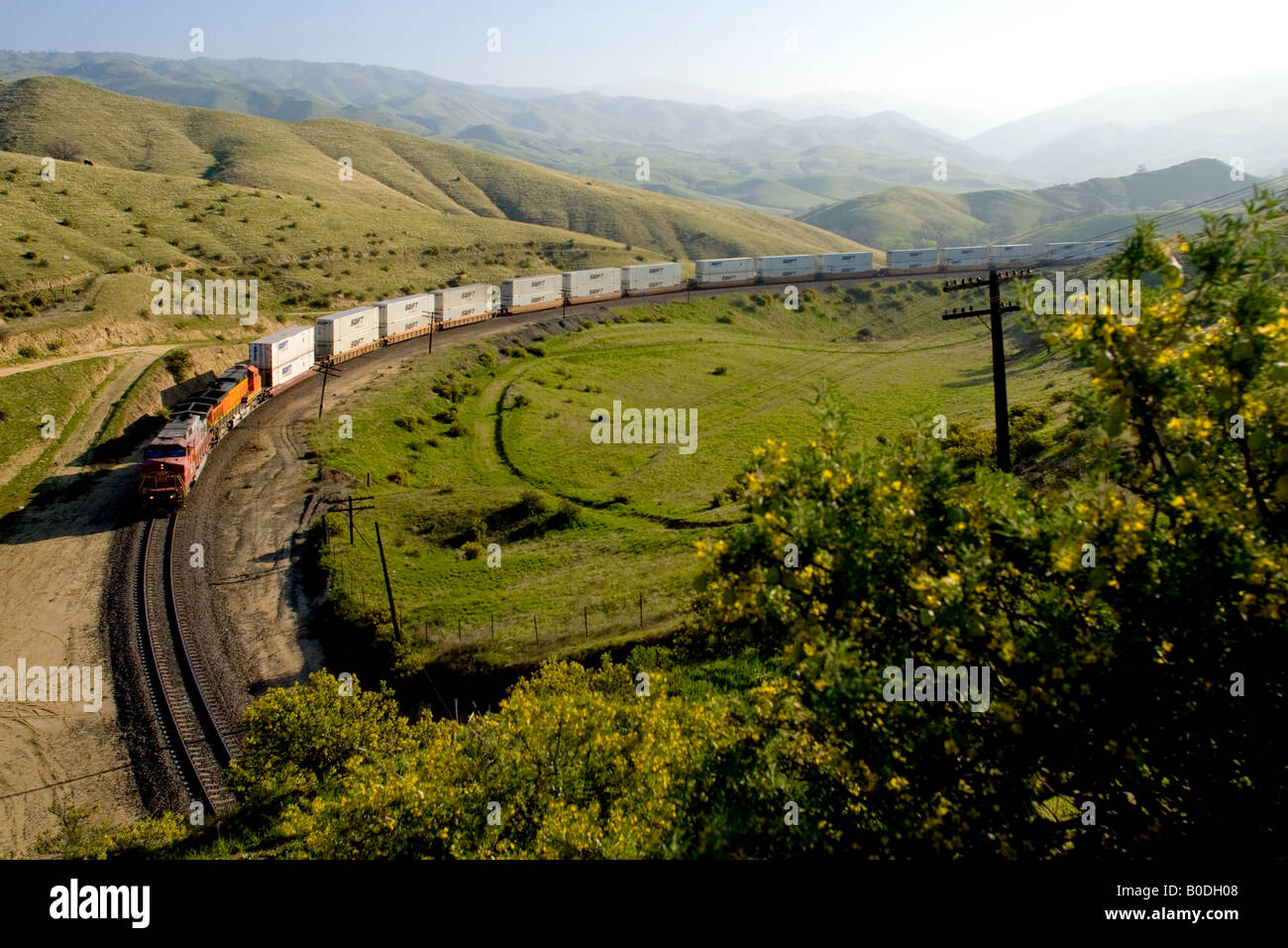 An eastbound BNSF intermodal train approaches Tunnel 2 in the Tehachapi Mountains of California ...
