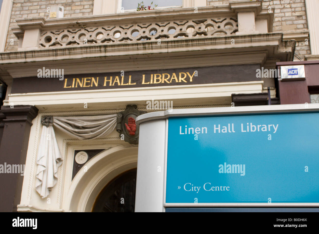 Entrance to Linen Hall Library Belfast with sign in foreground Focus is ...