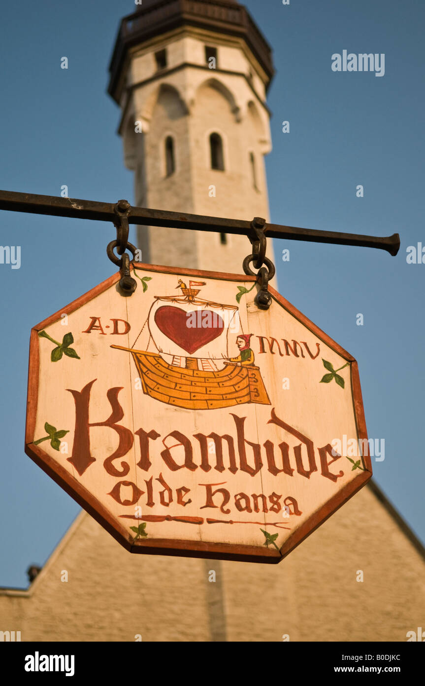 Olde Hansa shop sign and Town Hall spire Old Town Tallinn Estonia Stock ...