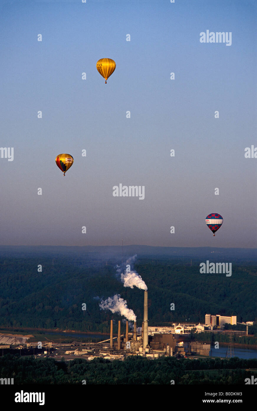 Hot Air Balloons Flying Over Power Plant on the Ohio River with Caesar ...