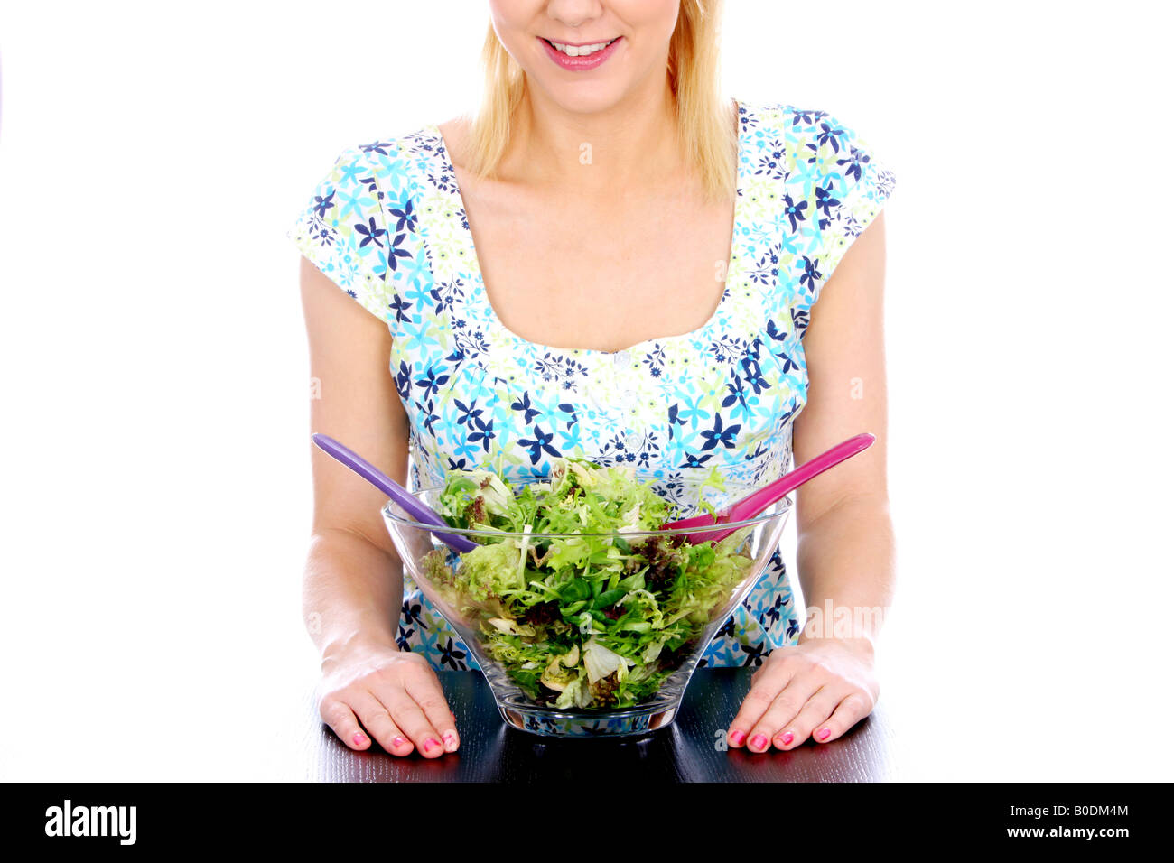 Young Woman Making Tossing Fresh Healthy Green Salad In A Large Mixing ...