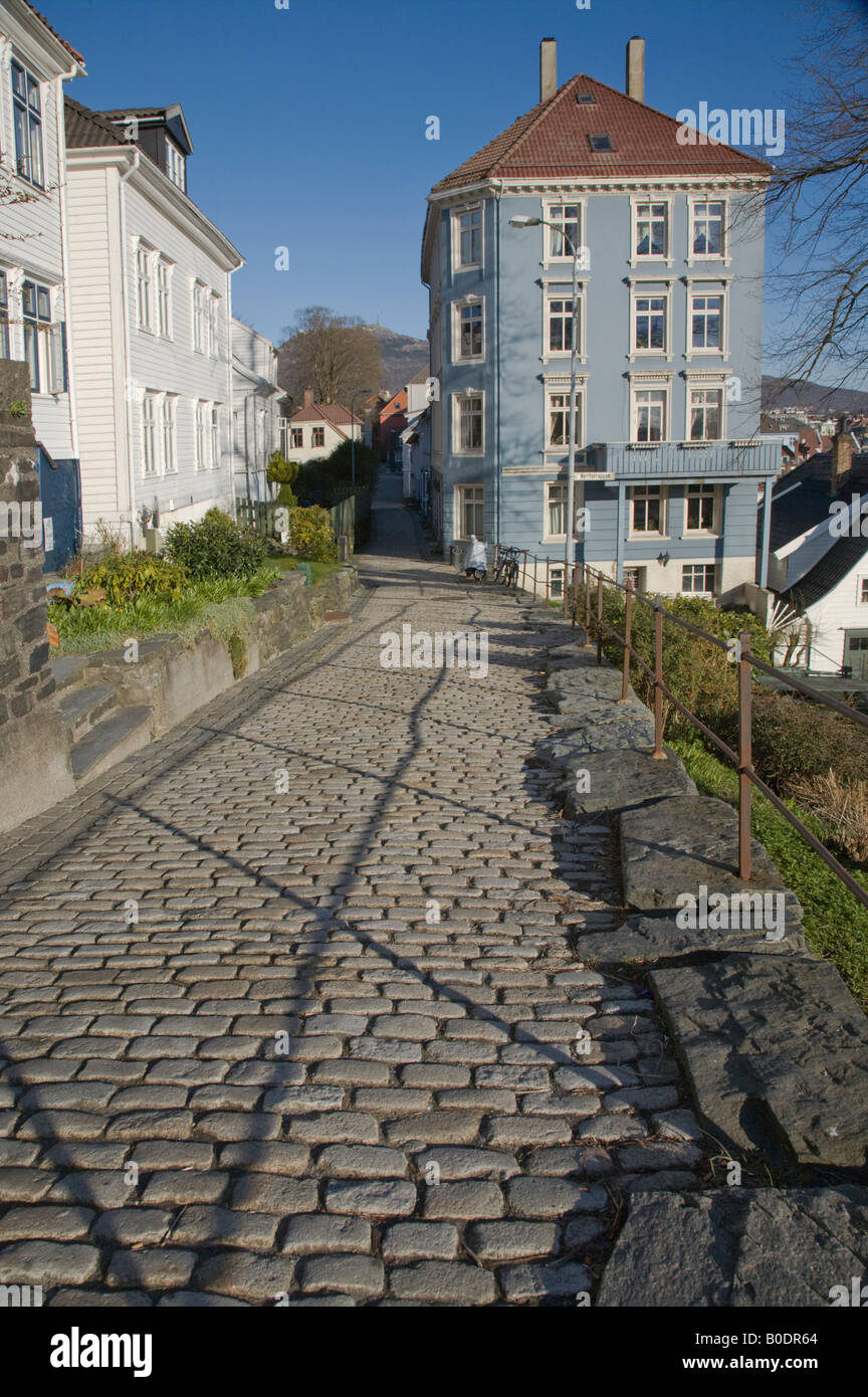 Early spring in one of the many cobble stone streets in Bergen, Norway ...