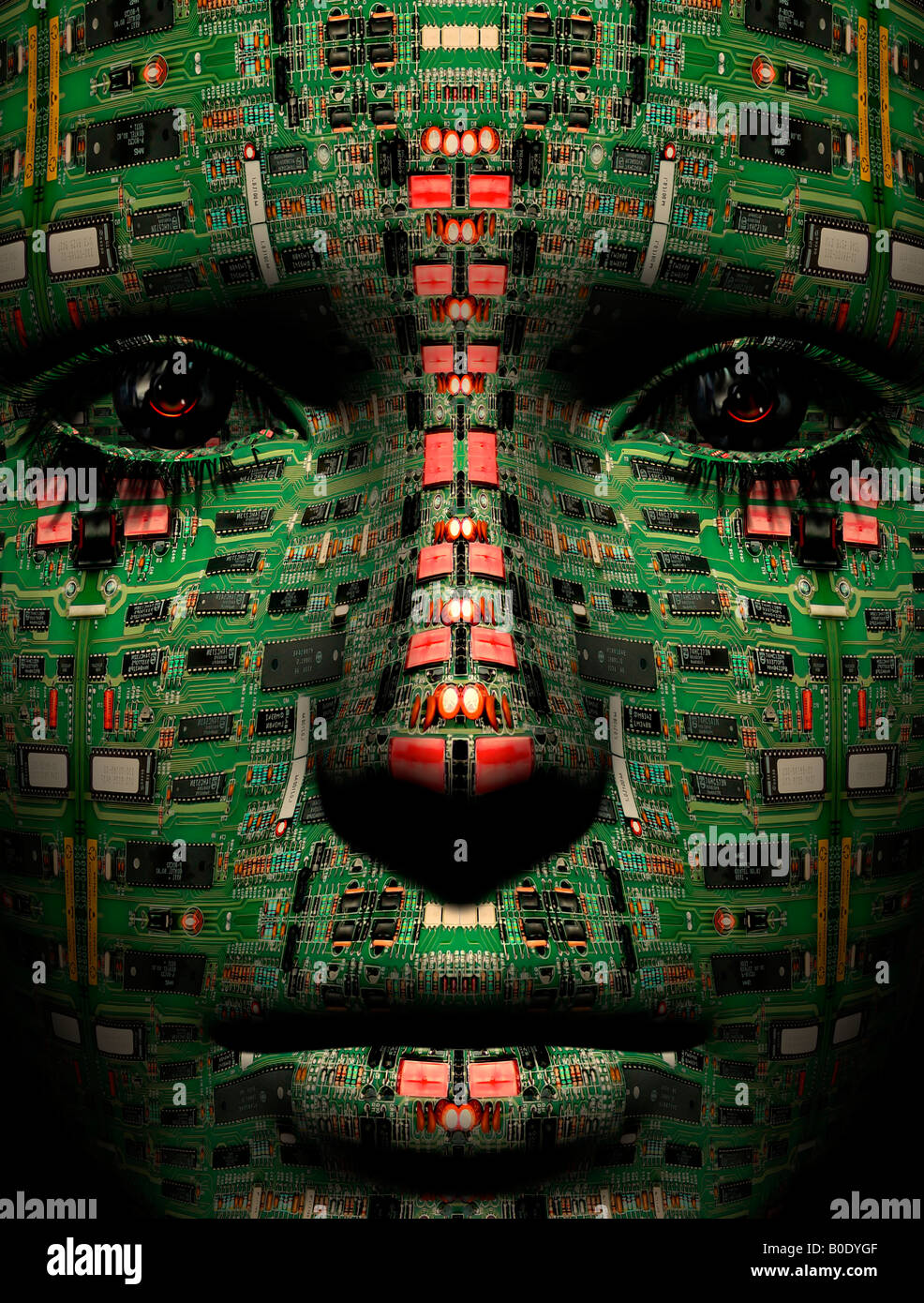 Representation of woman with computer chips on face, close up Stock ...
