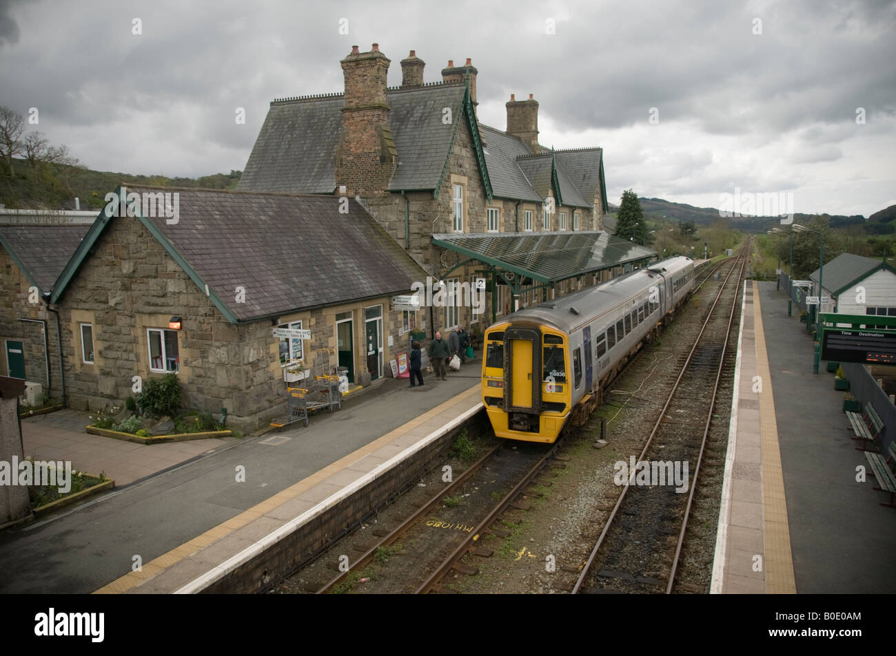 Arriva Wales DMU diesel two carriage train at Machynlleth railway ...