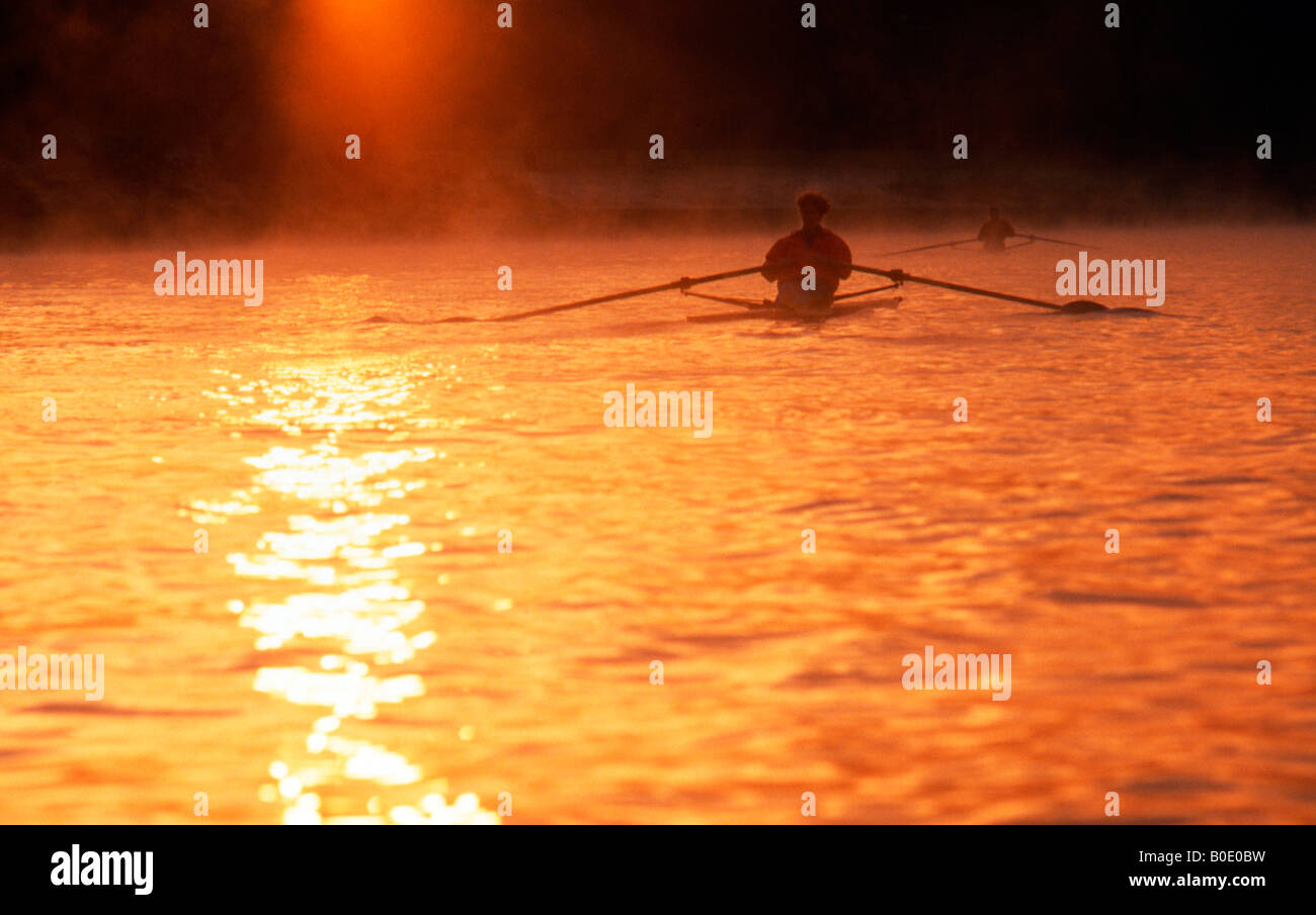Sculling on the Schuylkill River at sunrise, Philadelphia, PA Stock ...