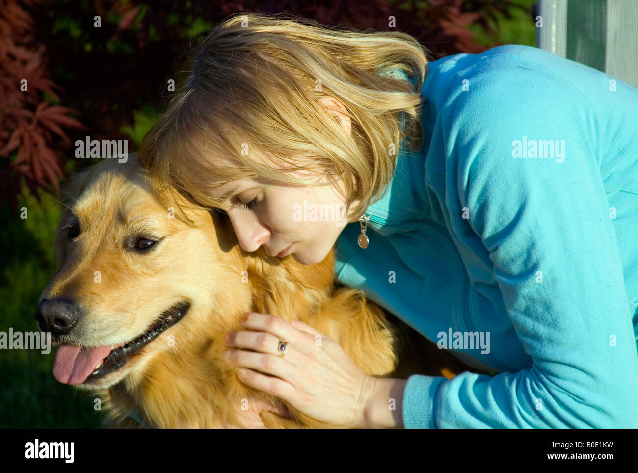 Woman hugging beautiful golden retriever Stock Photo - Alamy