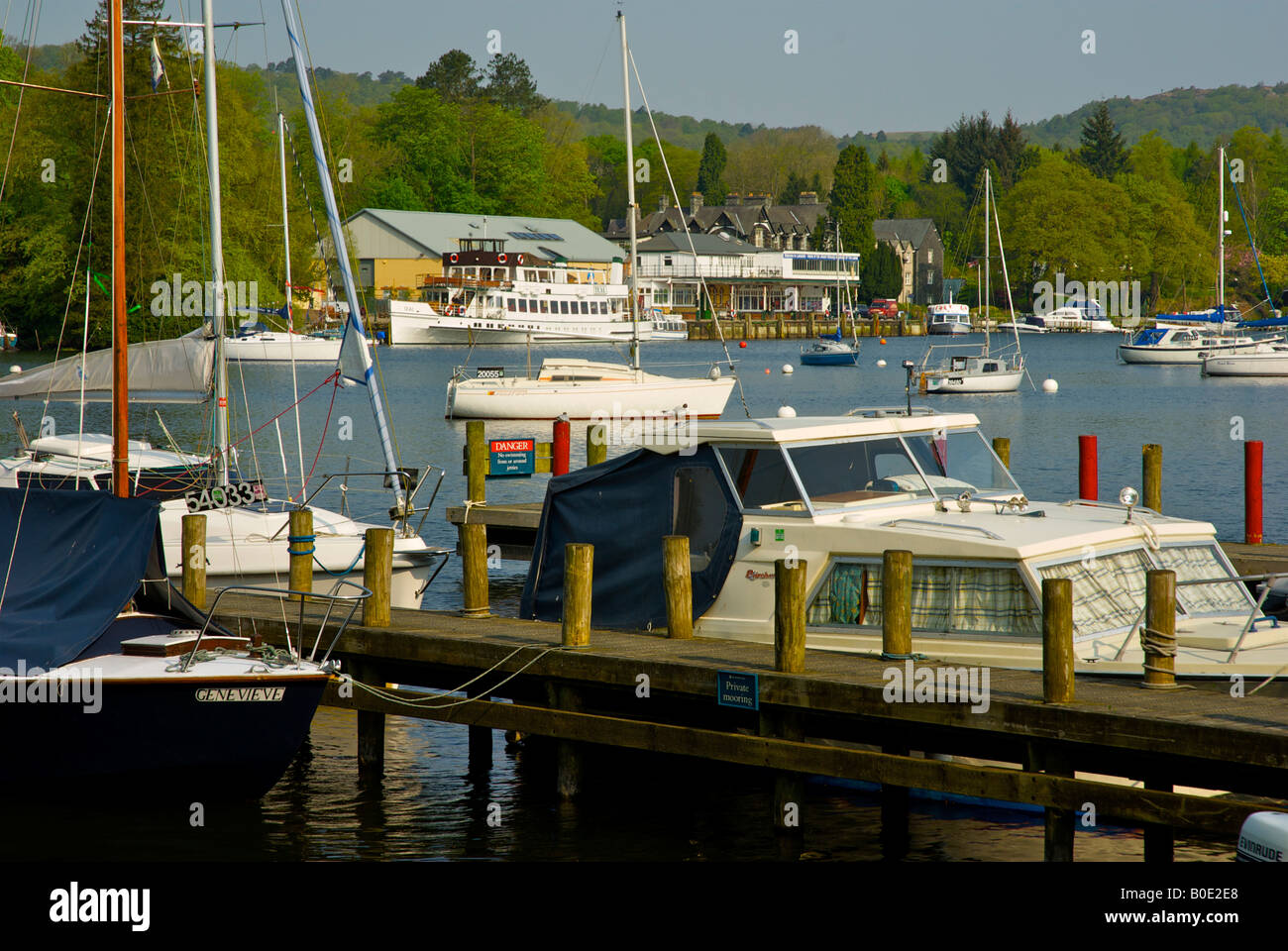 Boats moored at Fell Foot Park, Lake Windermere, Lakeside and steamer ...
