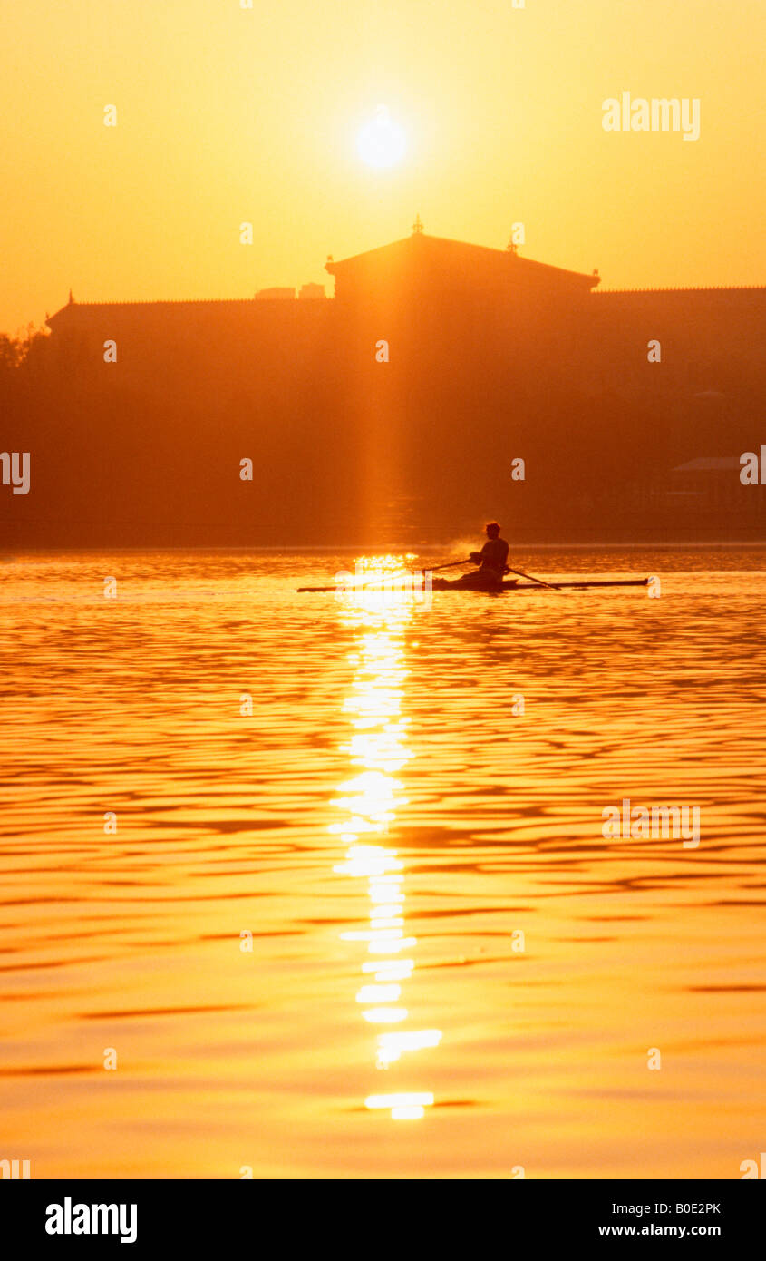 Sculling on the Schuylkill River at sunrise, Philadelphia, PA Stock ...