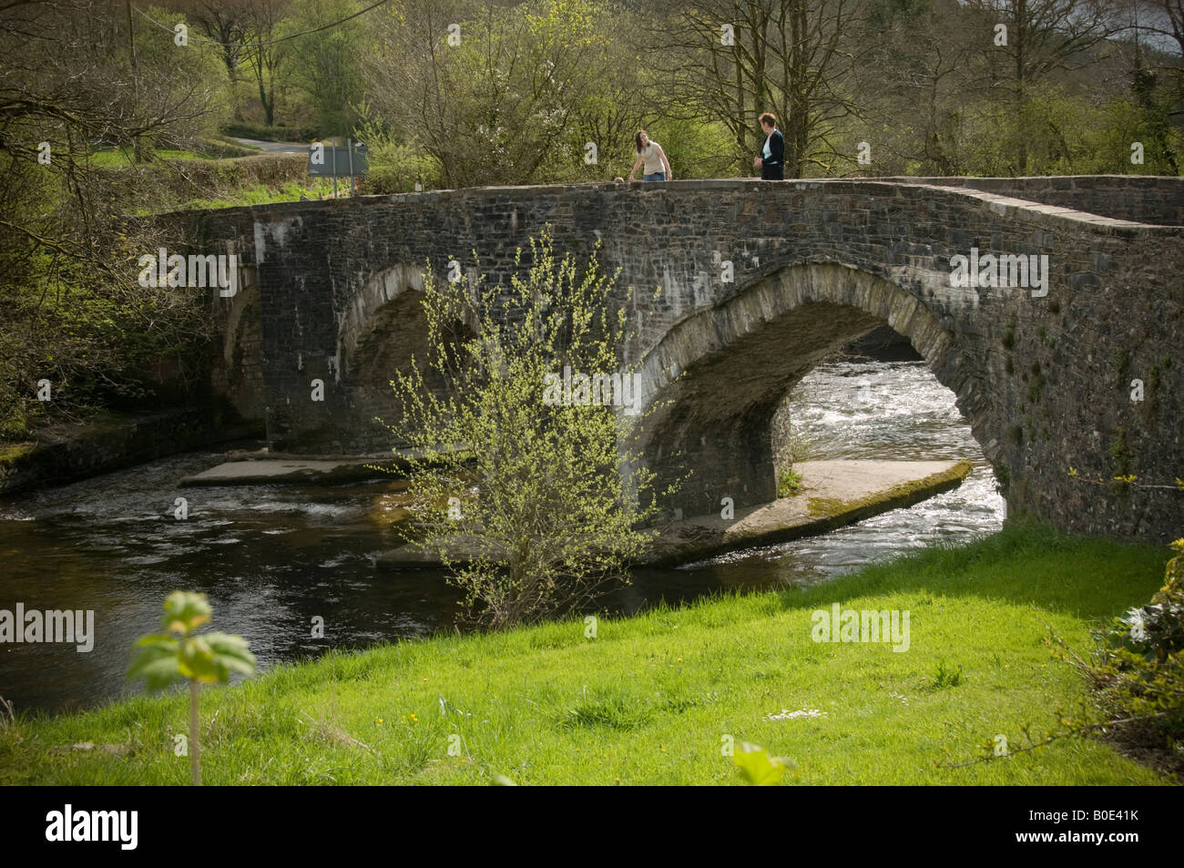 The stone double arched bridge over the River Cothi at Abergorlech ...
