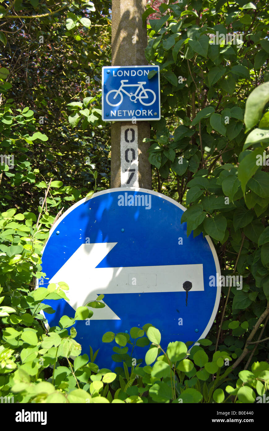british blue and white road signs indicating turn left and a cycling ...