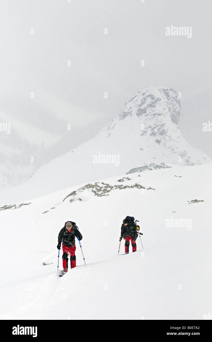 Backcountry skiers skinning up the Seven Steps of Paradise, Asulkan ...
