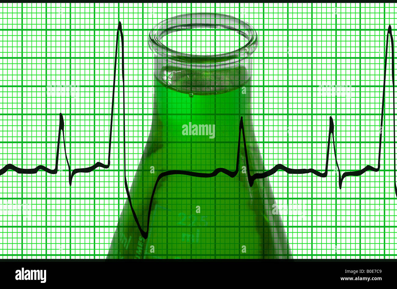Erlenmeyer beaker with liquid and EKG background flask Stock Photo - Alamy
