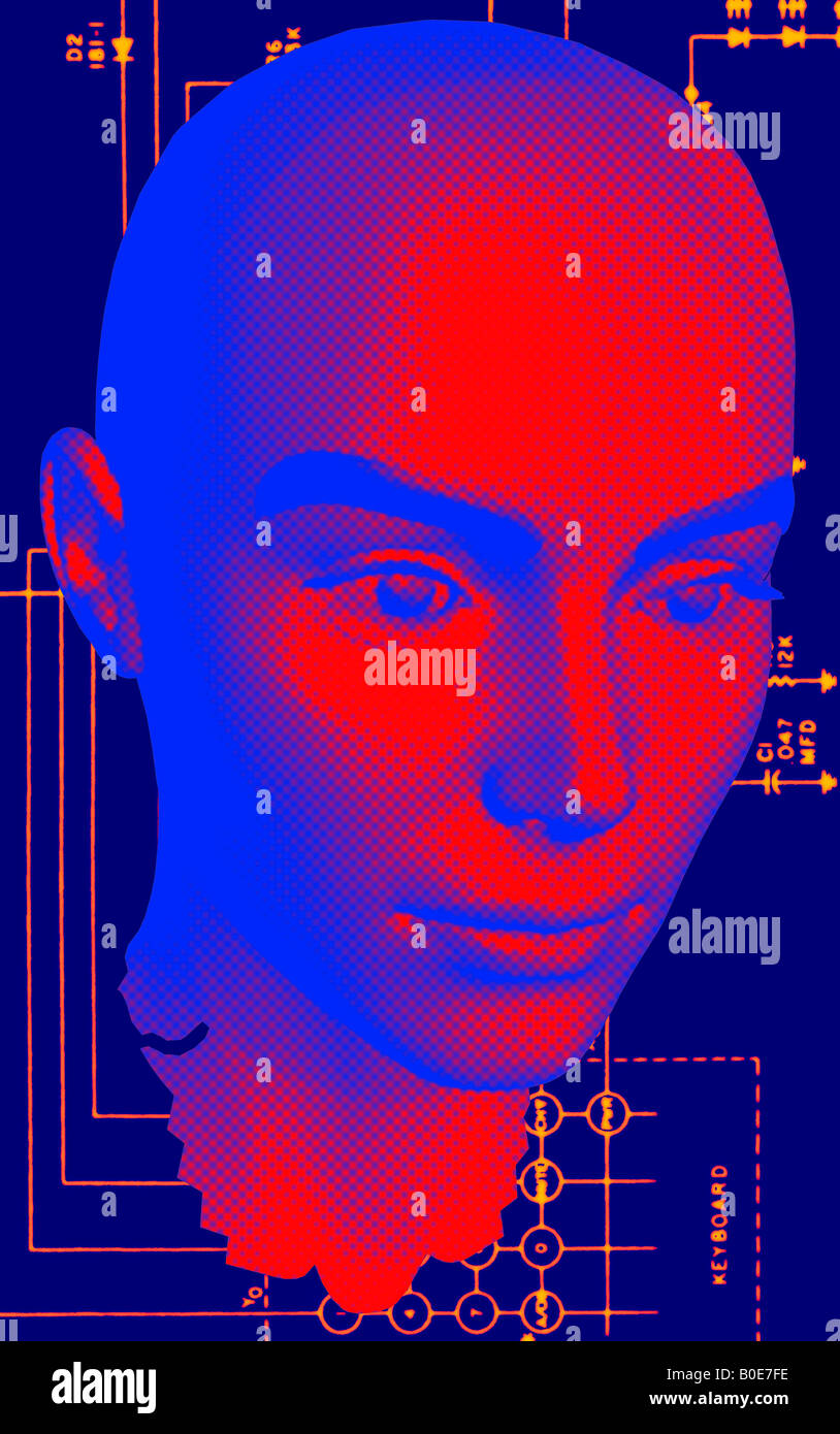 abstract computer generated 3D female head with high tech background ...