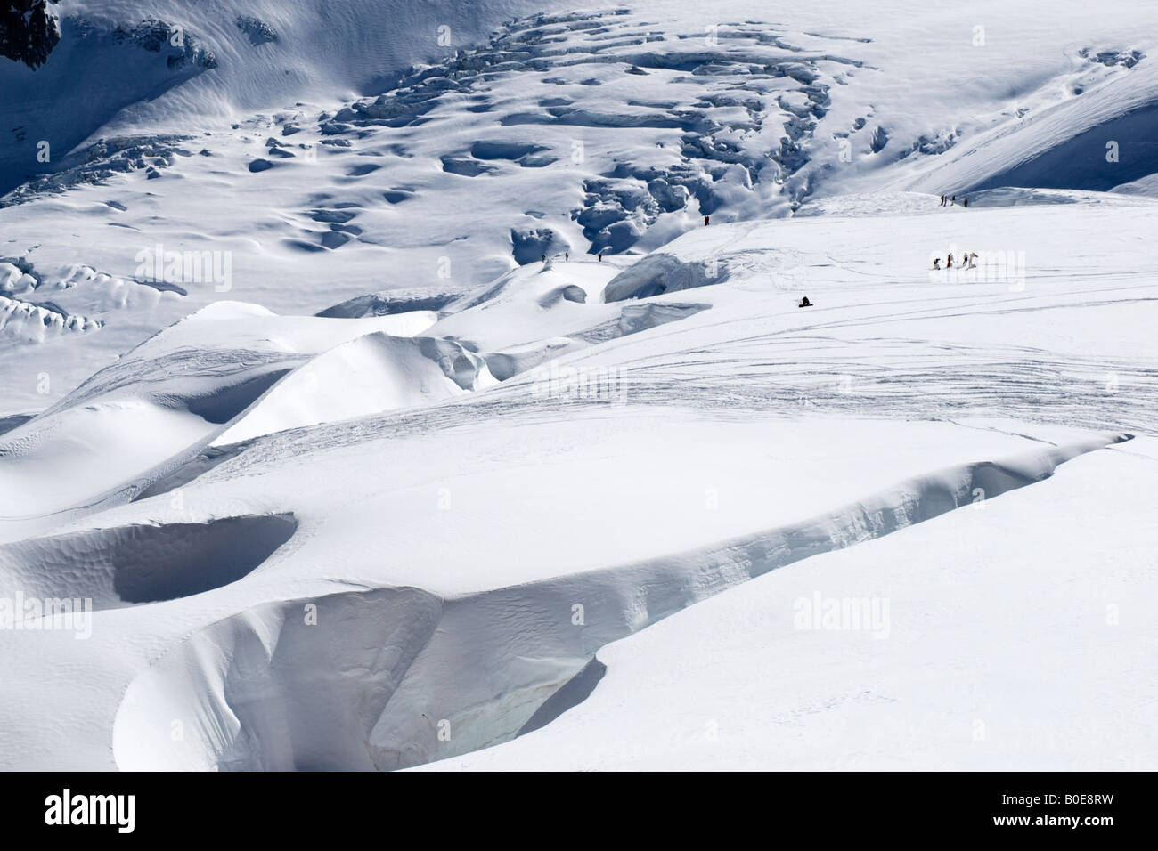 Skiers on highly crevassed glacial skiing route, Petit Envers du Plan ...