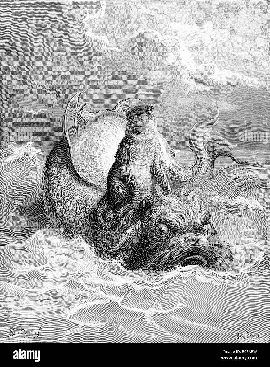 Engraving of Gustave Dore illustration the monkey and the dolphin Stock ...