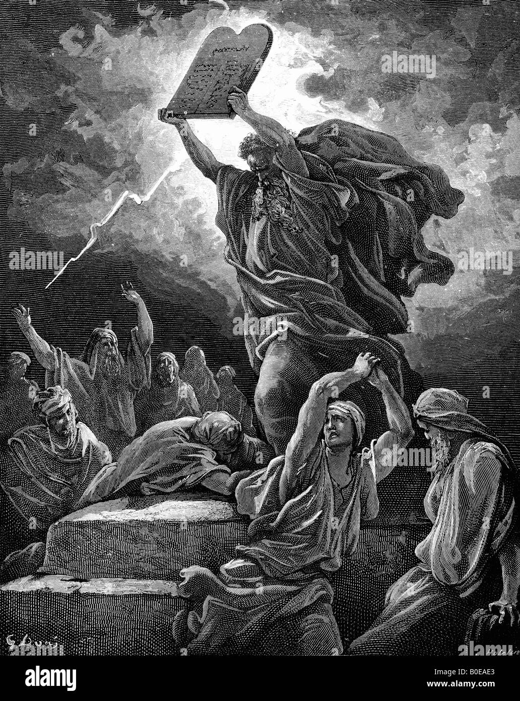 Engraving of Gustave Dore illustration of Moses and the table of laws ...
