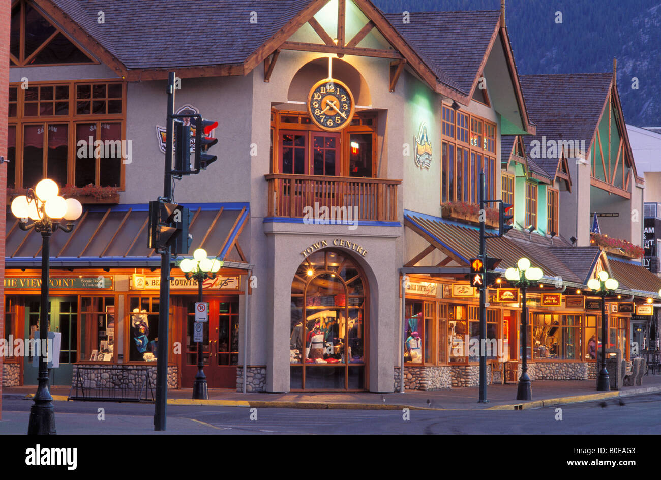 Shops and street lamps along Banff Avenue Banff National Park Alberta ...