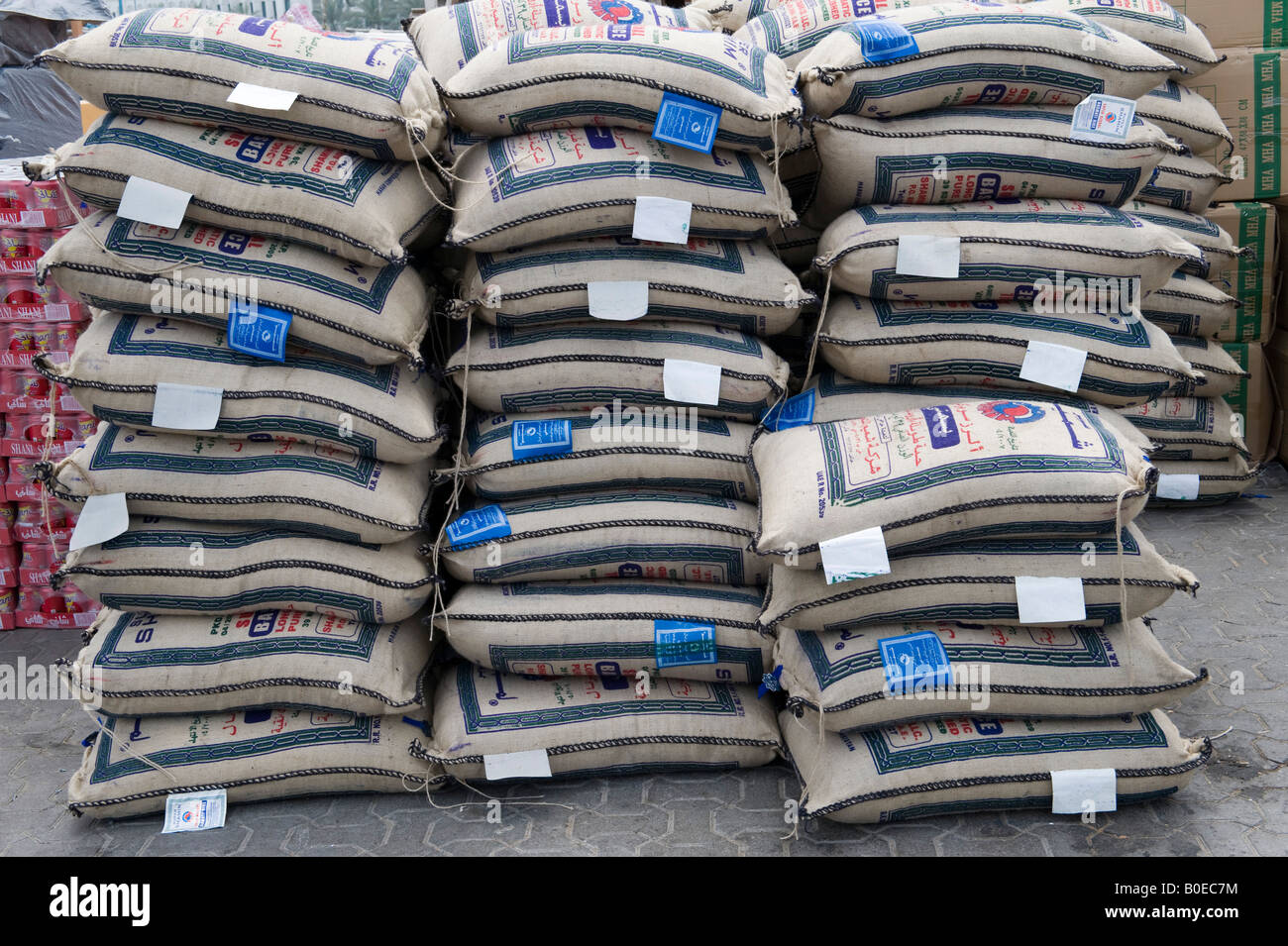 Dubai, United Arab Emirates (UAE). Sacks of Basmati rice on the ...