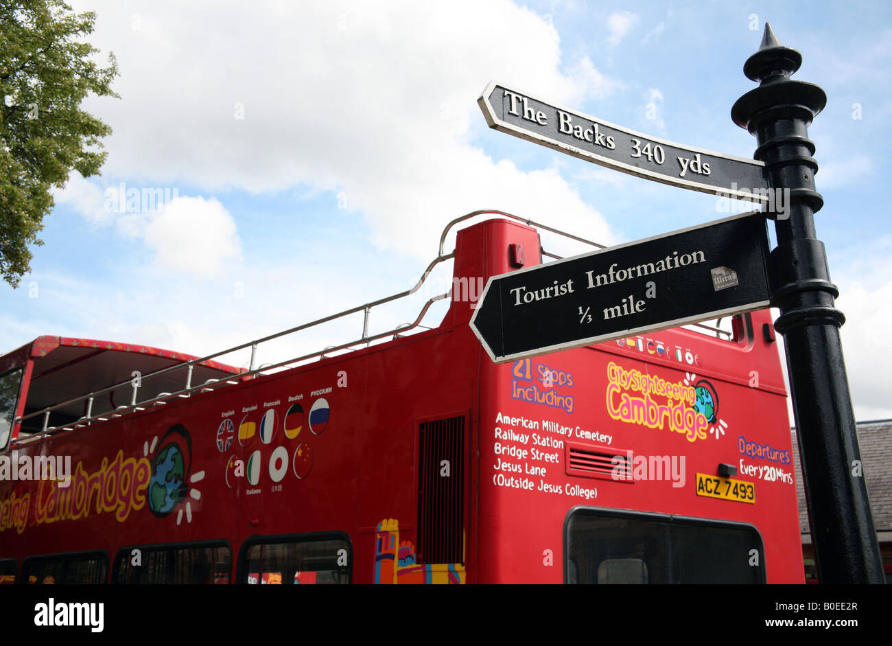 Direction signs and tourist bus in Cambridge England Stock Photo - Alamy