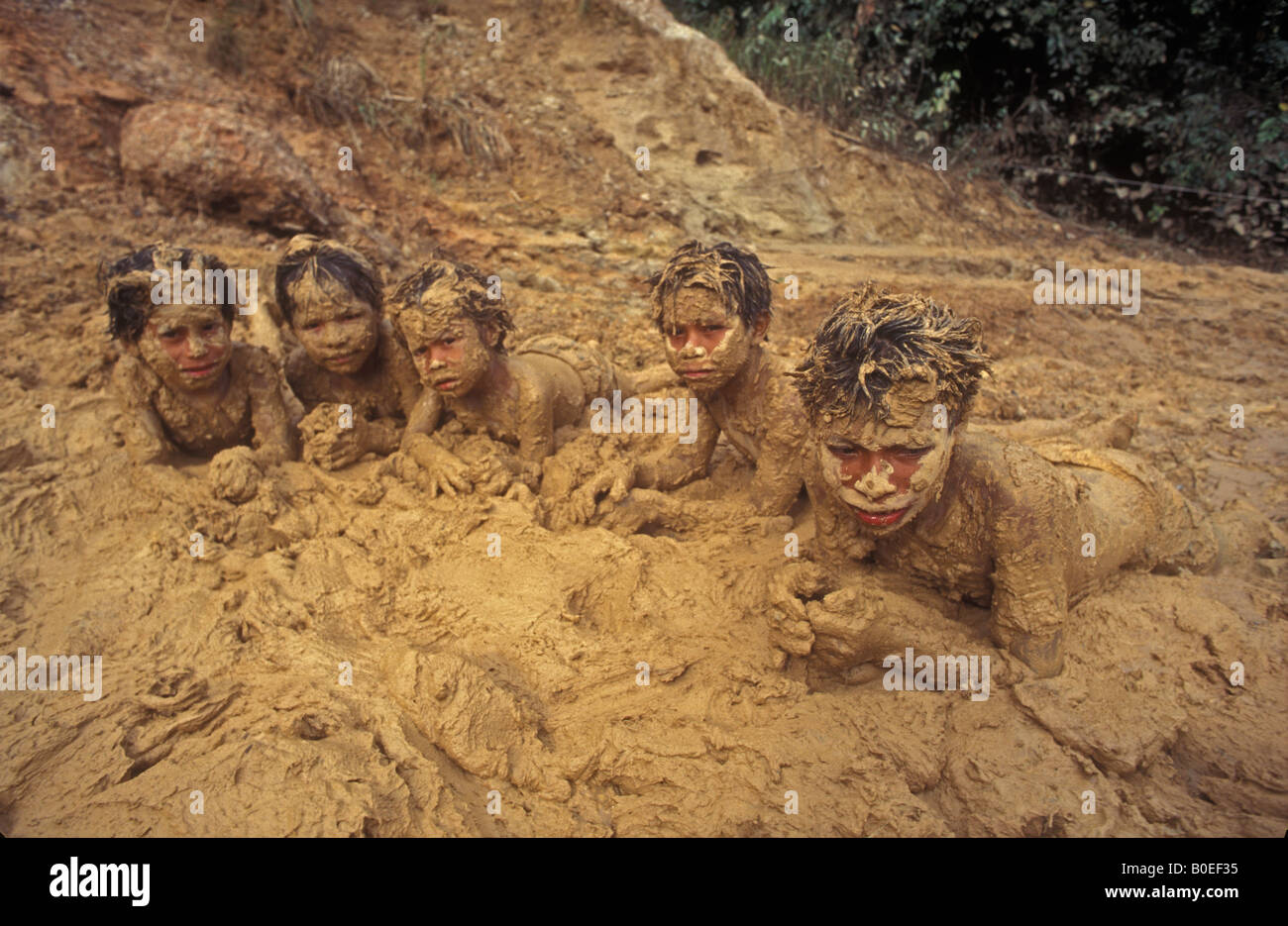 Mayoruna Indian Children in Mud -Tropical rainforest -Amazon Basin ...