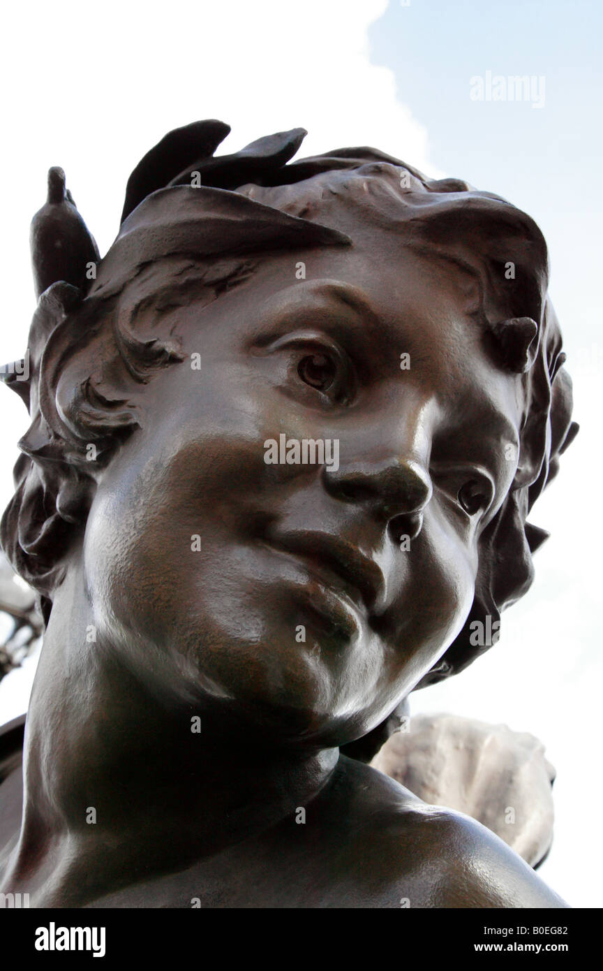 close-up of the head of a bronze sculpture of a Nymph, decorating the ...