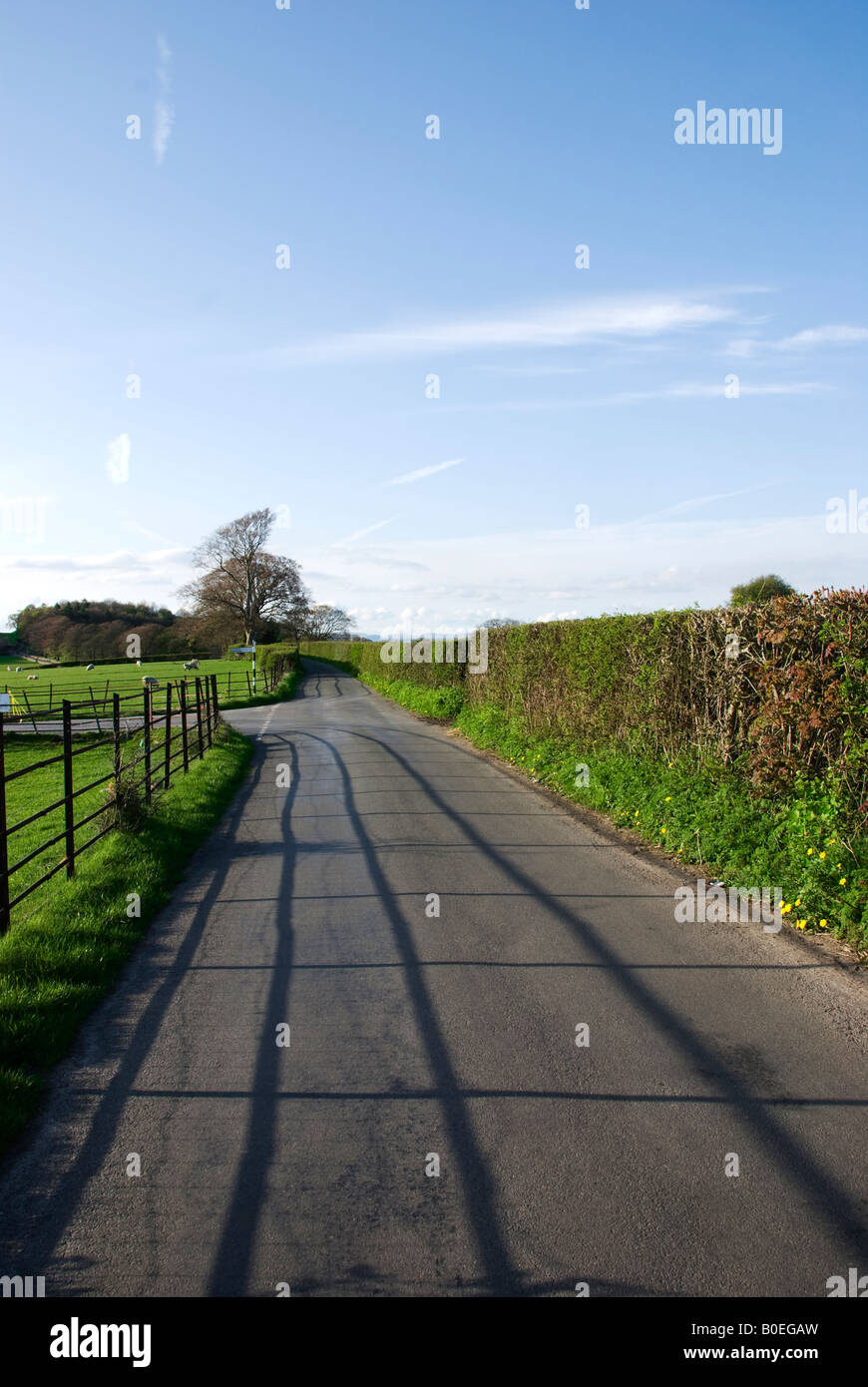country lane with shadows from old metal fence Stock Photo - Alamy