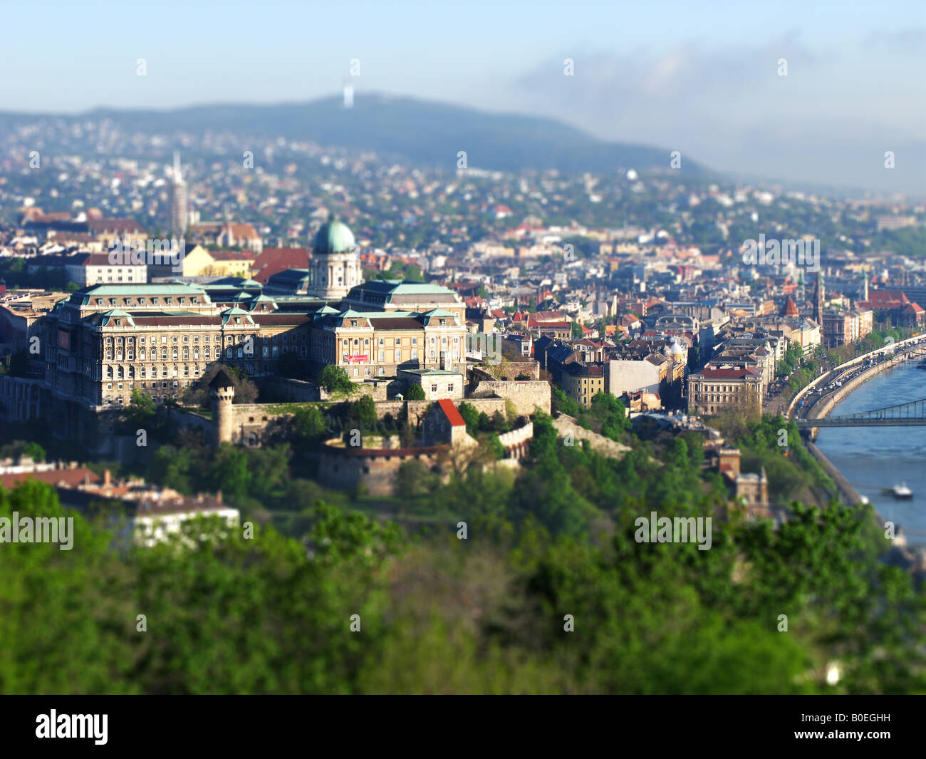 BUDAPEST, HUNGARY. A tilt-shift view of Budapest Castle and the Varhegy ...