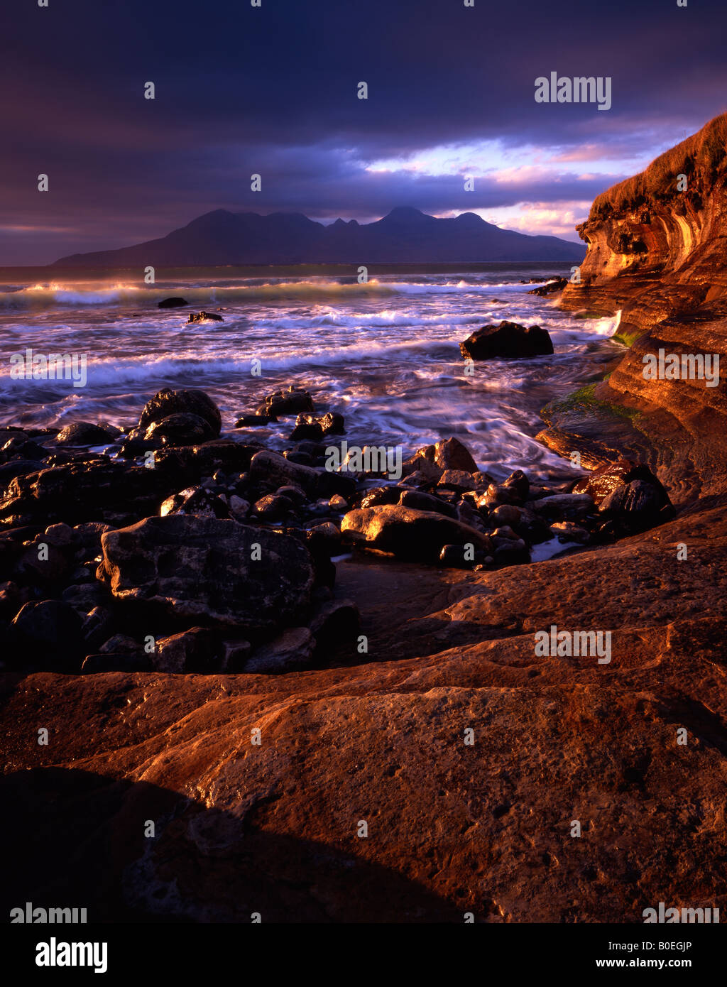 The Rum Cuillin viewed from Laig Bay, Isle of Eigg, Scotland, UK Stock ...