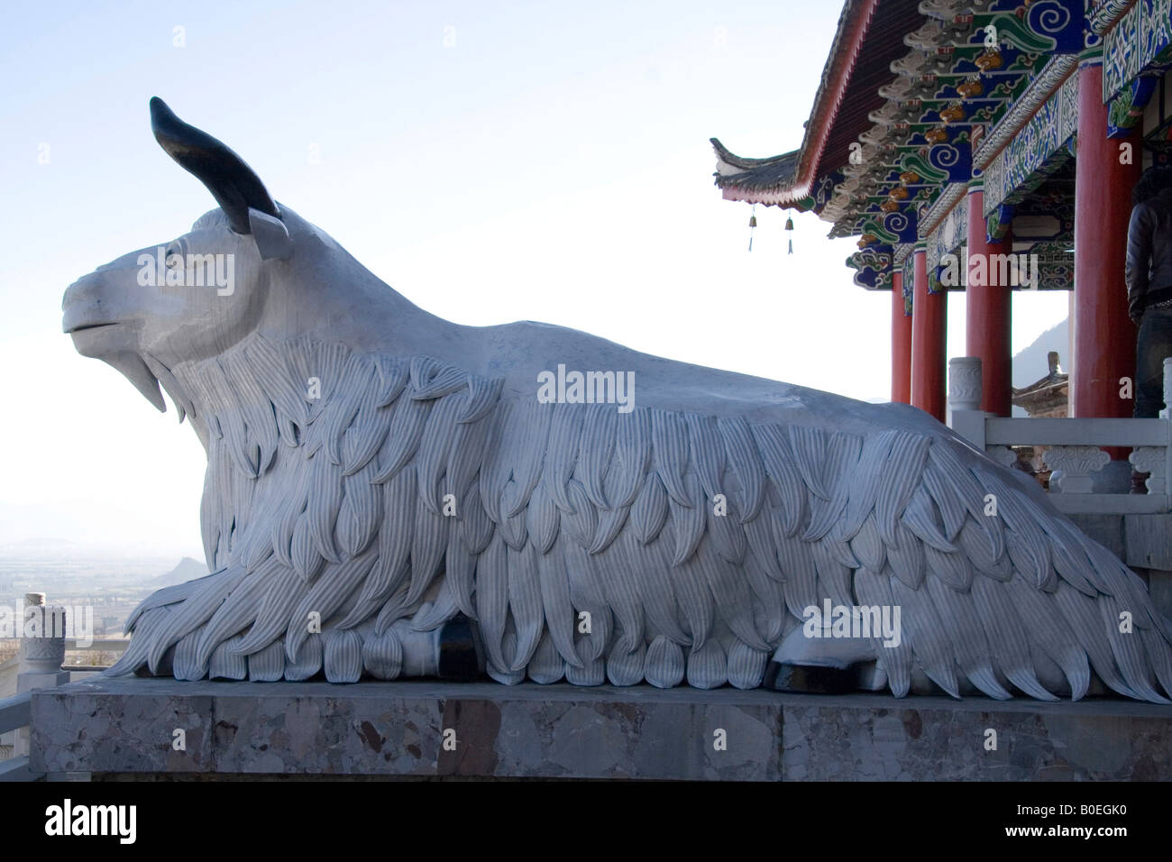 The statue of yak at the entrance of an ancient Naxi temple at the Jade ...
