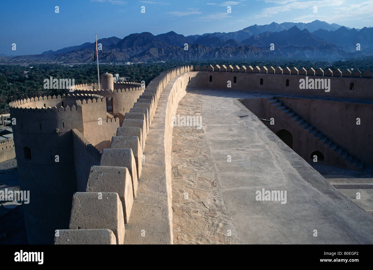 Fortifications on the upper walls of Rustaq Fort, Rustaq, Oman Stock ...