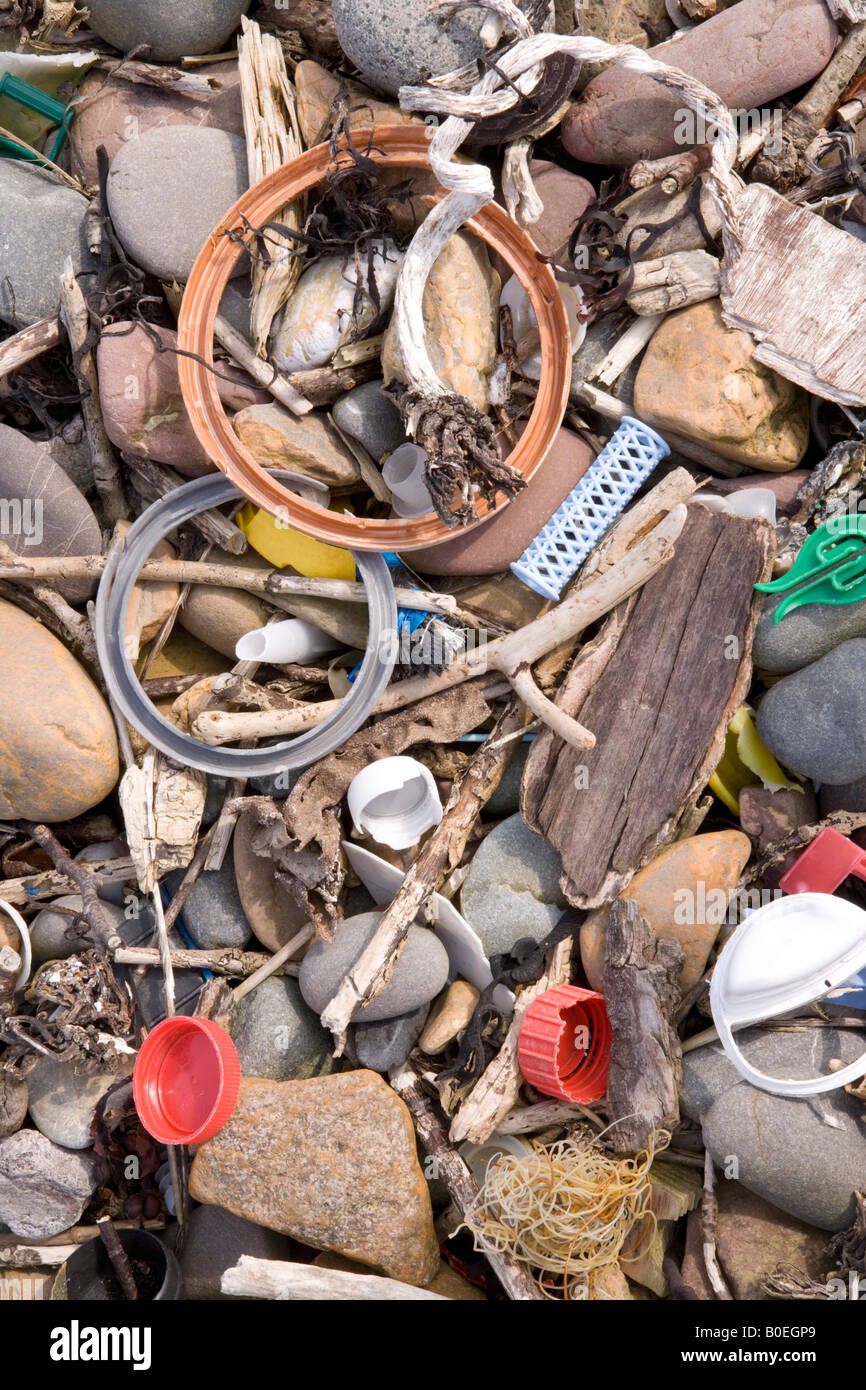 Irish Sea beach plastic pollution rubbish on the shoreline at the ...