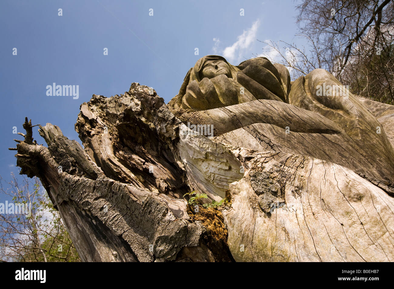 UK Derbyshire Peak District Tideswell sculptural wood carving marking ...